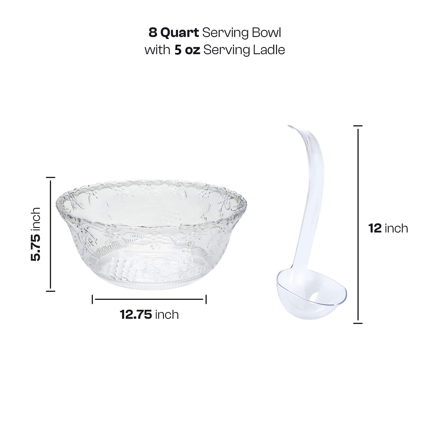 Premium Punch Bowl With Ladle Includes 8 Quart Serving Bowl With 5 oz serving ladle | Heavyweight Floral Embroidered Design | BPA Free Plastic | Punch Bowl Set 2 Gallons Large Punch Bowl for parties
