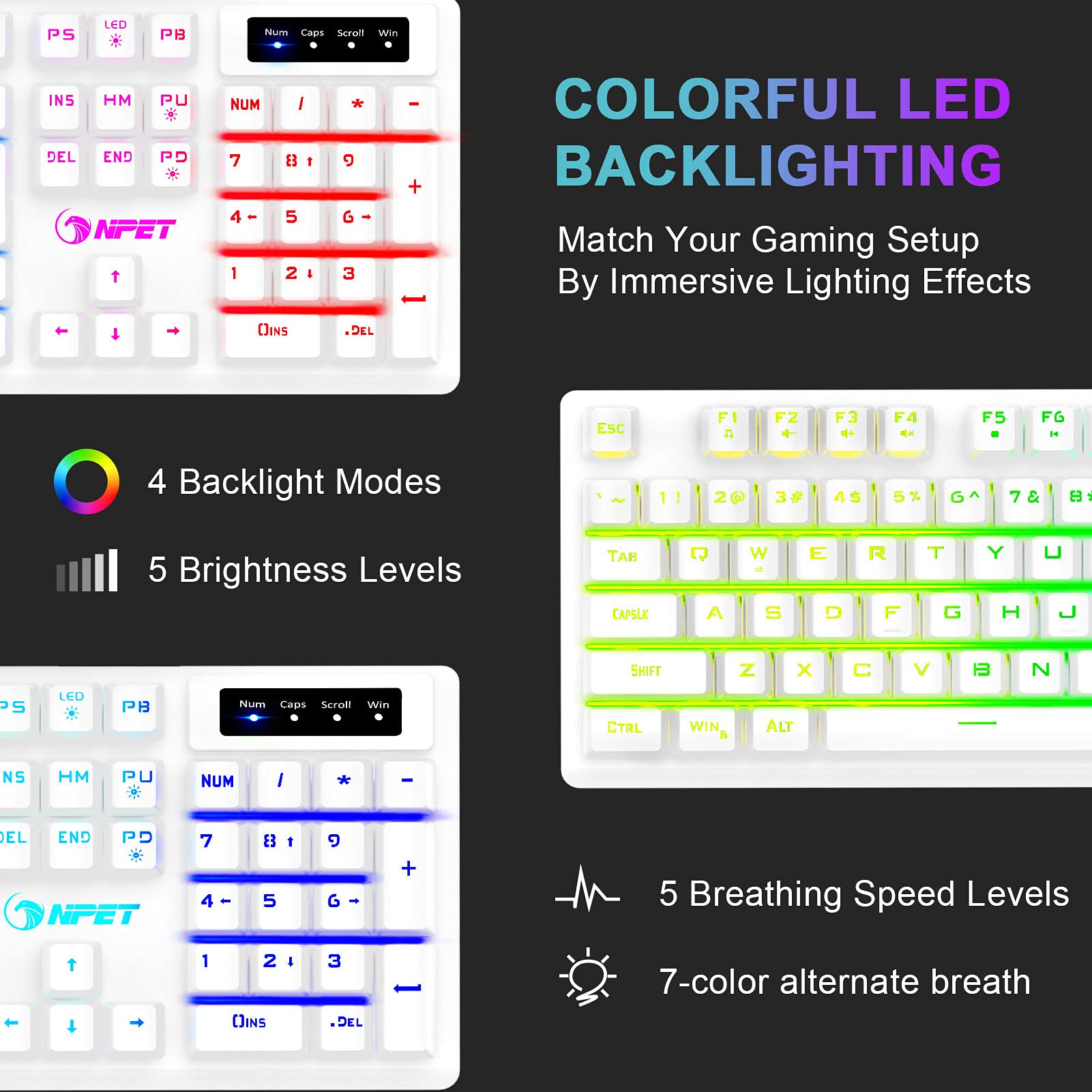 NPET S20 Wired Gaming Keyboard and Mouse Combo, RGB Backlit Quiet Ergonomic Mechanical Feeling Keyboard, Gaming Mouse 6400 DPI, for Desktop, Computer, PC, White…
