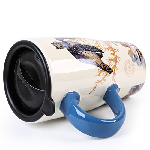 Minigift Ceramic Coffee Mug,Travel Cup with Lid,Handmade Milk Mug 16oz-Ocean Turtle