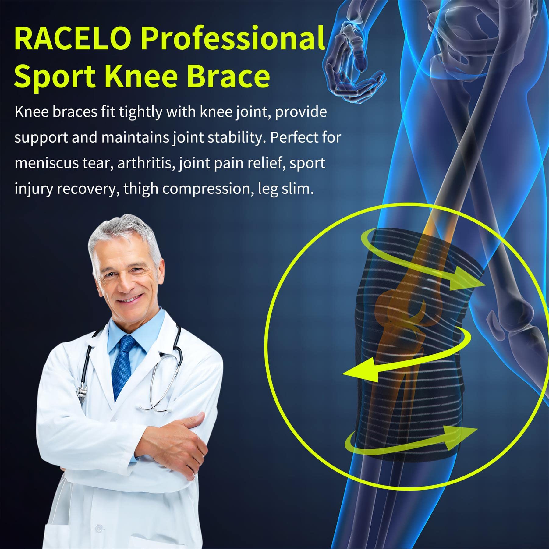 RACELO 2 Pack Sports Knee Brace Wraps for Knee Pain Compression Sleeves Support Bandage for Men and Women