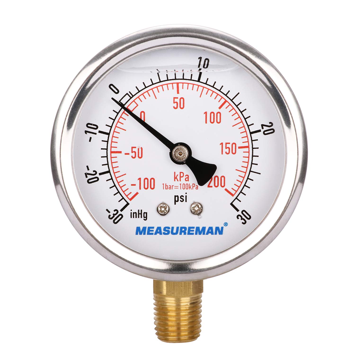 MEASUREMAN 2-1/2" dial,Glycerin Filled, Stainless Steel case, Brass Inside, 30inHg/-100kpa-0-30psi/200kpa,1/4"NPT Lower Mount