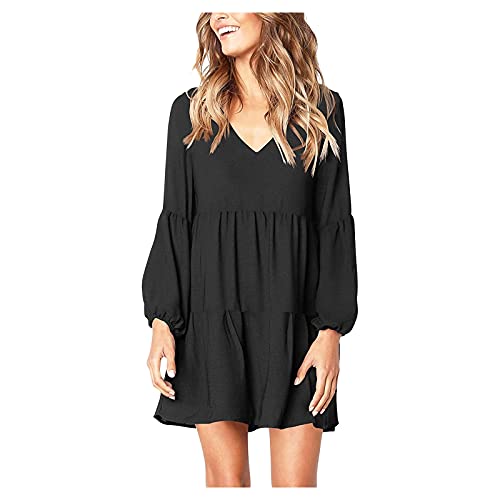 Pinkpaopao Splicing Solid Color Swing Dress for Women Lantern Long Sleeve Elastic Mini Dress Ruched Loose V Neck Dress