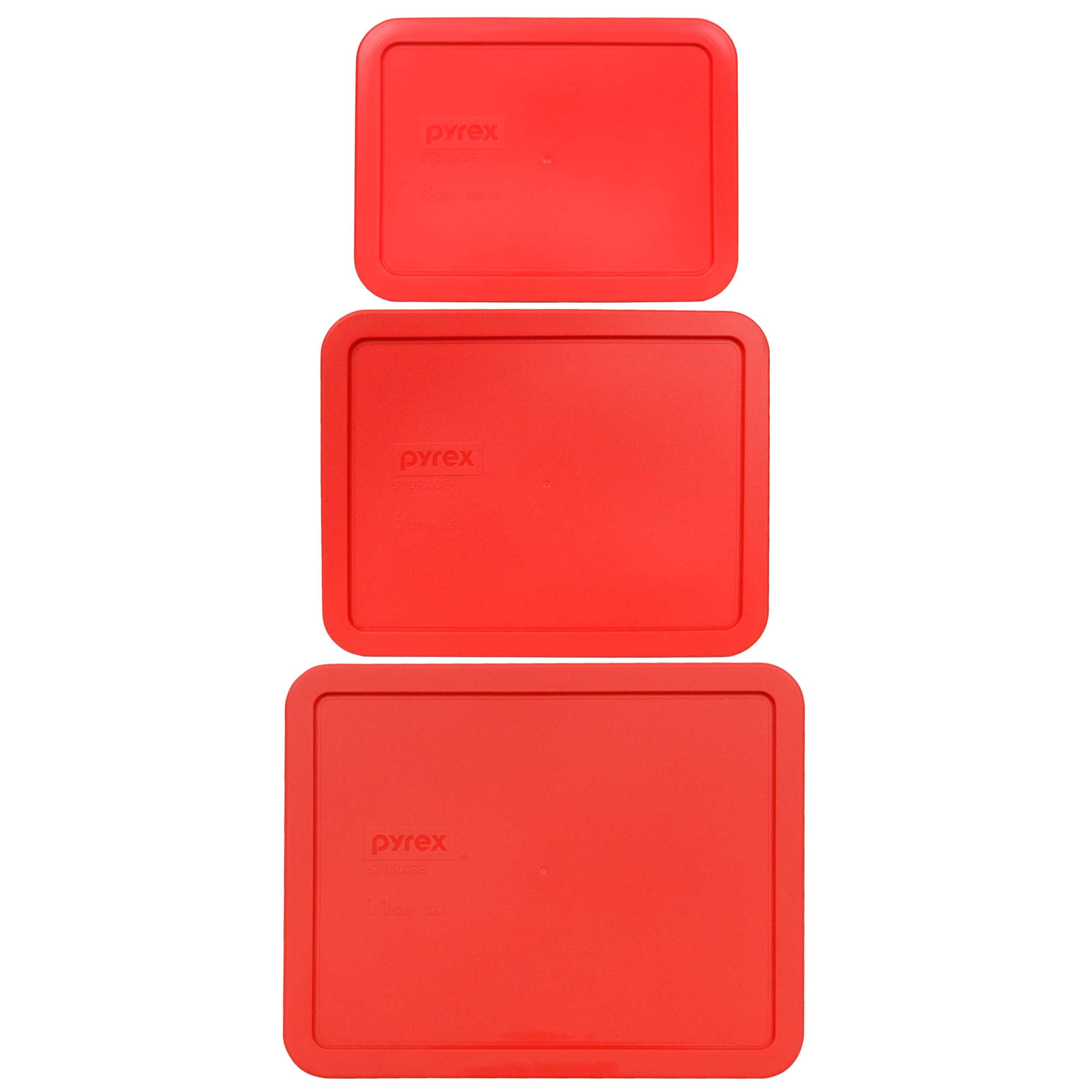 Pyrex (1) 7212-PC 11-Cup Red Lid, (1) 7211-PC 6-Cup Red Lid, & (1) 7210-PC 3-Cup Red Plastic Storage Lid, Made in USA