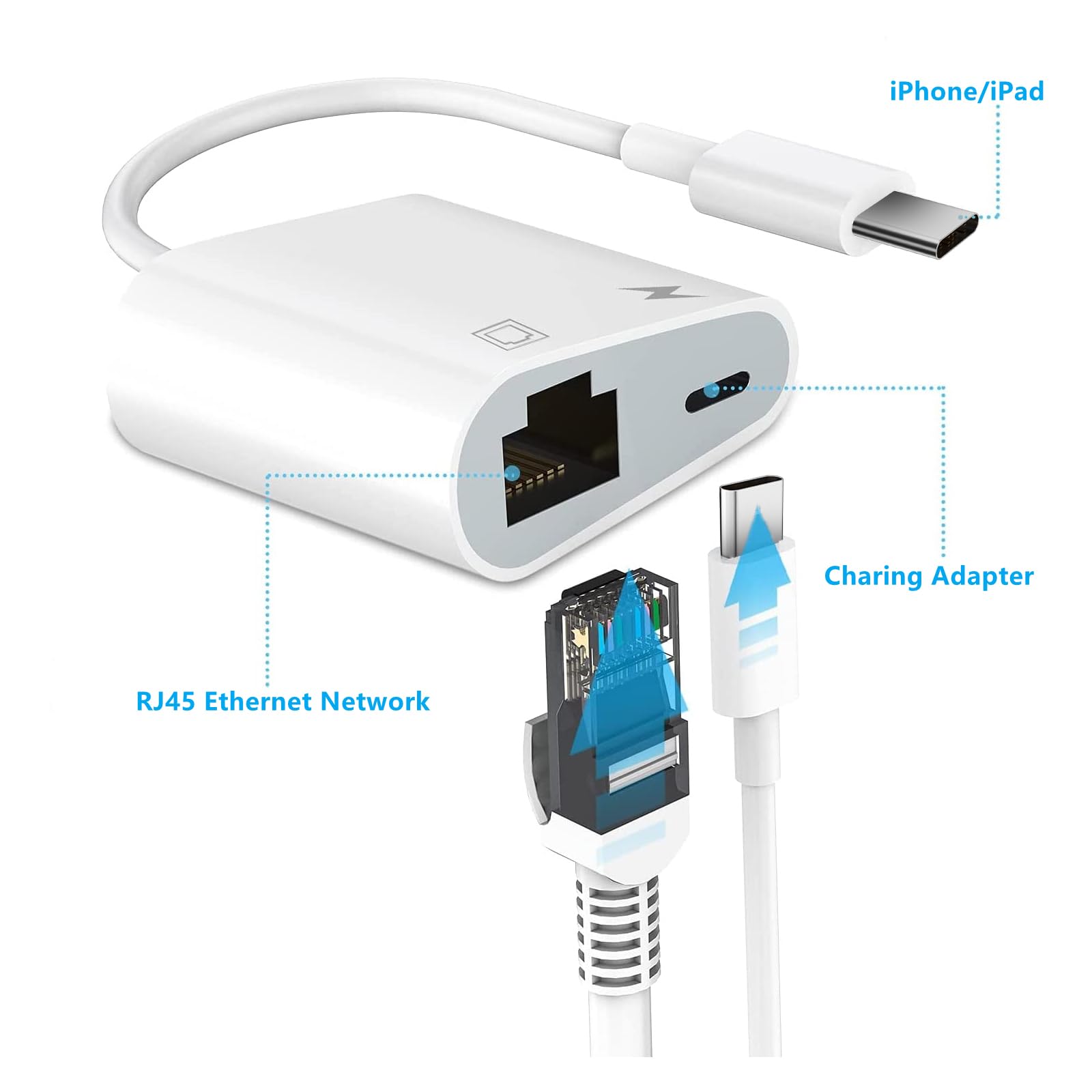 USB C USB A to Ethernet Adapter, Aluminum Portable USB-A USB C Adapter USB to RJ45 LAN 100M Network Adapter, 10/100Mbps Ethernet Speeds Compatible for MacBook Pro 2015, MacBook Air 2017, and More