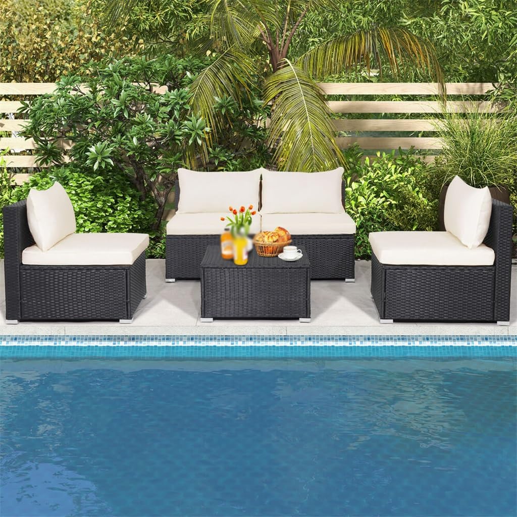LIUJUN 5PCS Patio Rattan Wicker Furniture Conversation Set Cushioned Sofa Deck