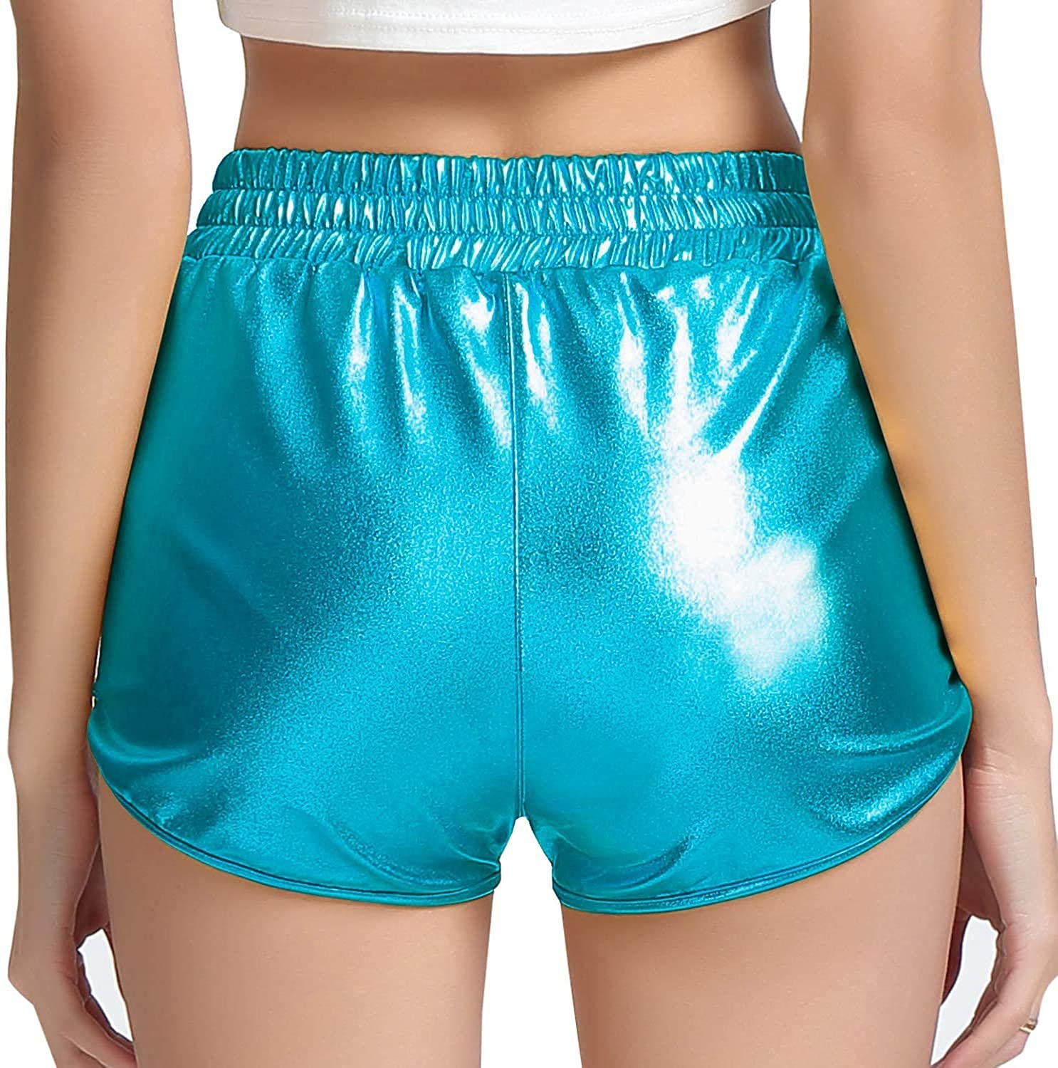 MAKARTHY Women's Metallic Shorts Elastic Waist Shiny Pants (X-Small, Lake Blue)
