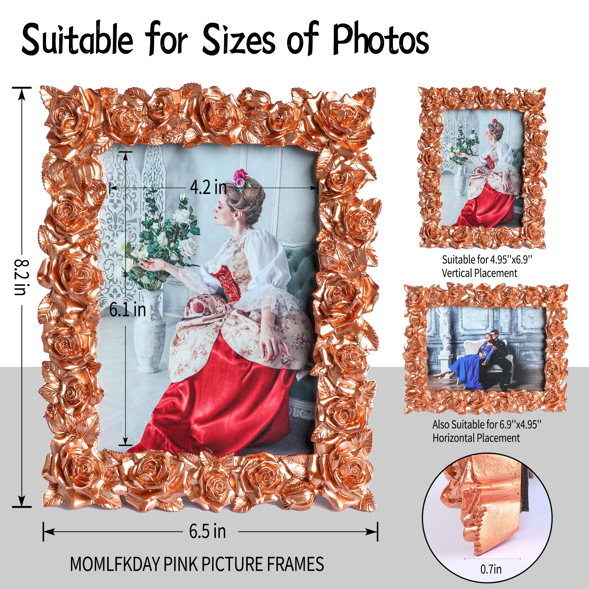MOMLKFDAY Gold 5x7 Picture Frames Vintage Photo Frame Rose Gold Flower Leaf with Glass Front Antique Picture Frame for Tabletop Wall Hanging (Rose Gold-5x7)
