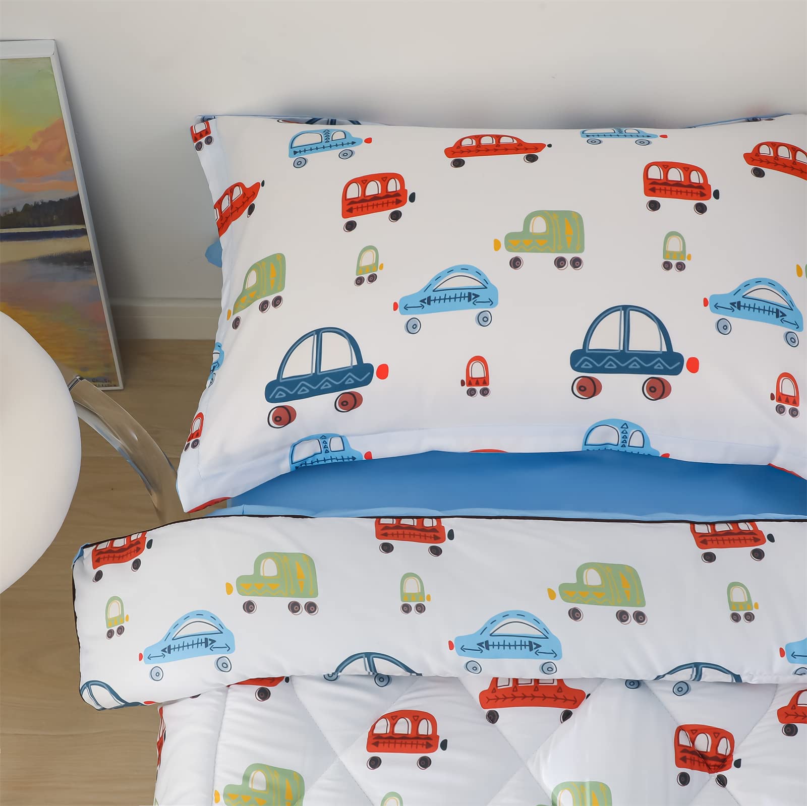 VINILITE 4 Piece Toddler Bedding Set Cars Standard Size Children Comforter Set Ultra Soft Includes Quilted Comforter, Fitted Sheet, Flat Sheet, and Pillow Case for Kids Boys, 28" x 52"