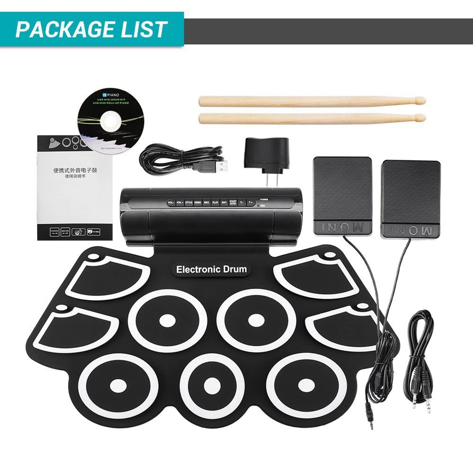 TUU Electronic Drum Set for Beginners 9 Pads Digital Drum Kit Built-in Speakers MIDI with Drum Sticks and Pedals Portable Tabletop Roll Up Drum Practice Pads Great Christmas Birthday Gifts