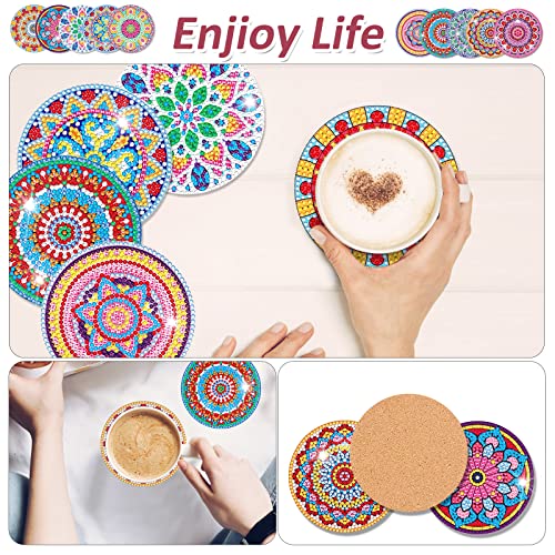 MONKLE 10 Pcs Coasters Kits with Dimensional Holder, DIY Cat Coaster Diamond Art Kits Non-Slip Coaster for Beginners, Kids and Adults Art Craft Supplies Gift (10 Pcs Mandala)