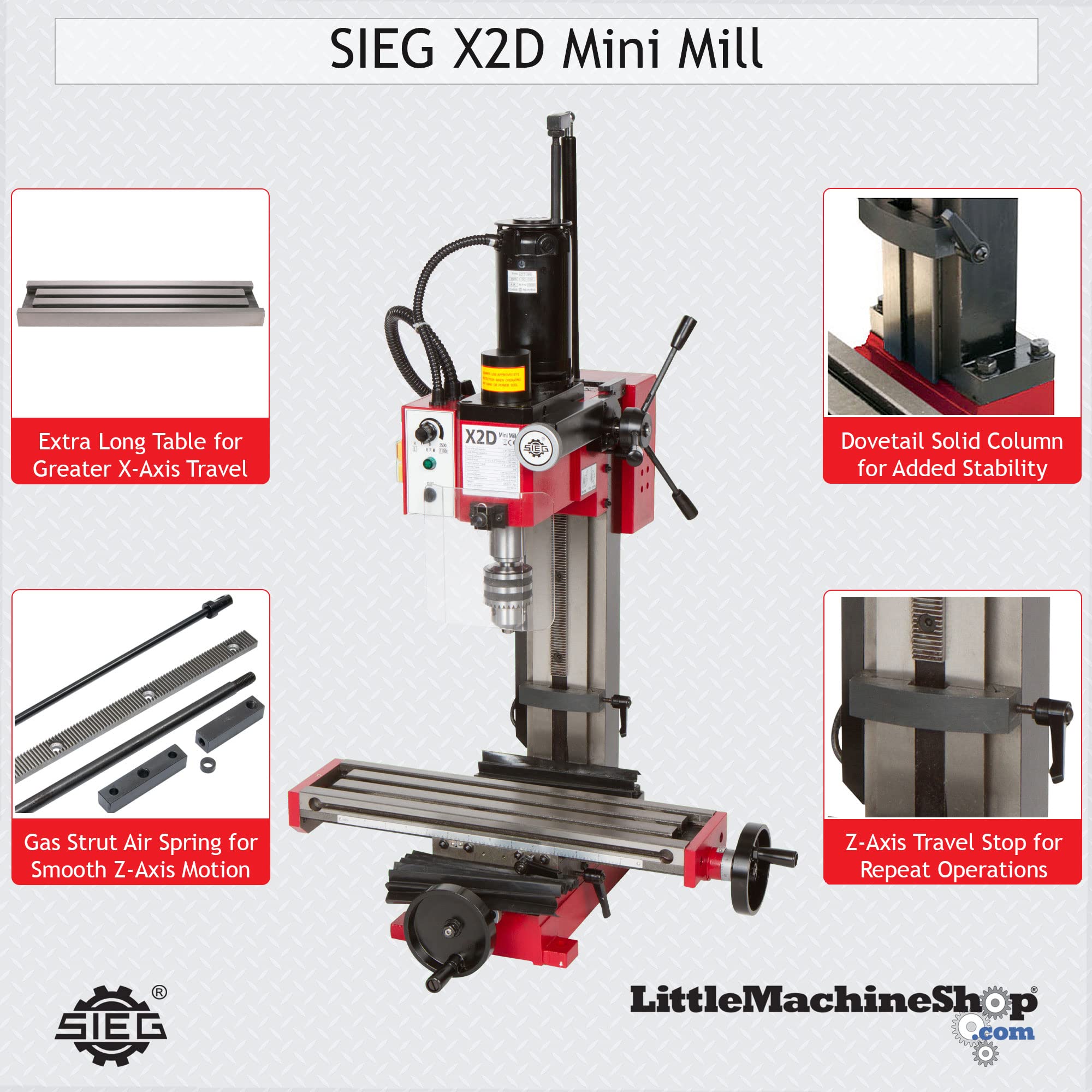 SIEG Mini Mill X2D - 350 Watt Variable Speed include R8 Spindle Taper, LittleMachineShop.com