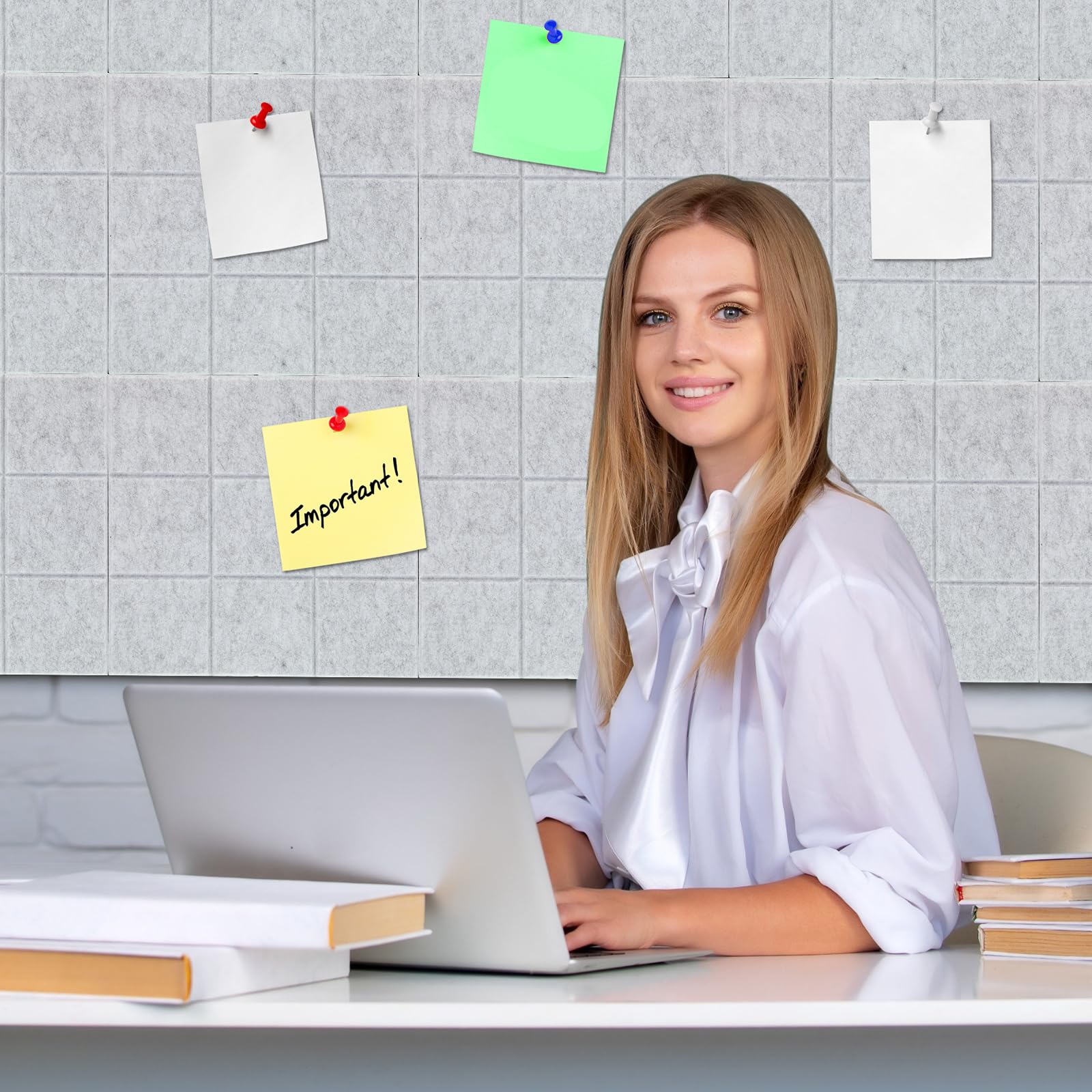 Kinlop 16 Pcs Felt Board Tiles for Wall with 50 Pushpins 11.8"x11.8" Square Self Adhesive Vision Bulletin Board for Home Office Kitchen Notice Memo Pin Board for Tiles Classroom Wall Decor (White)