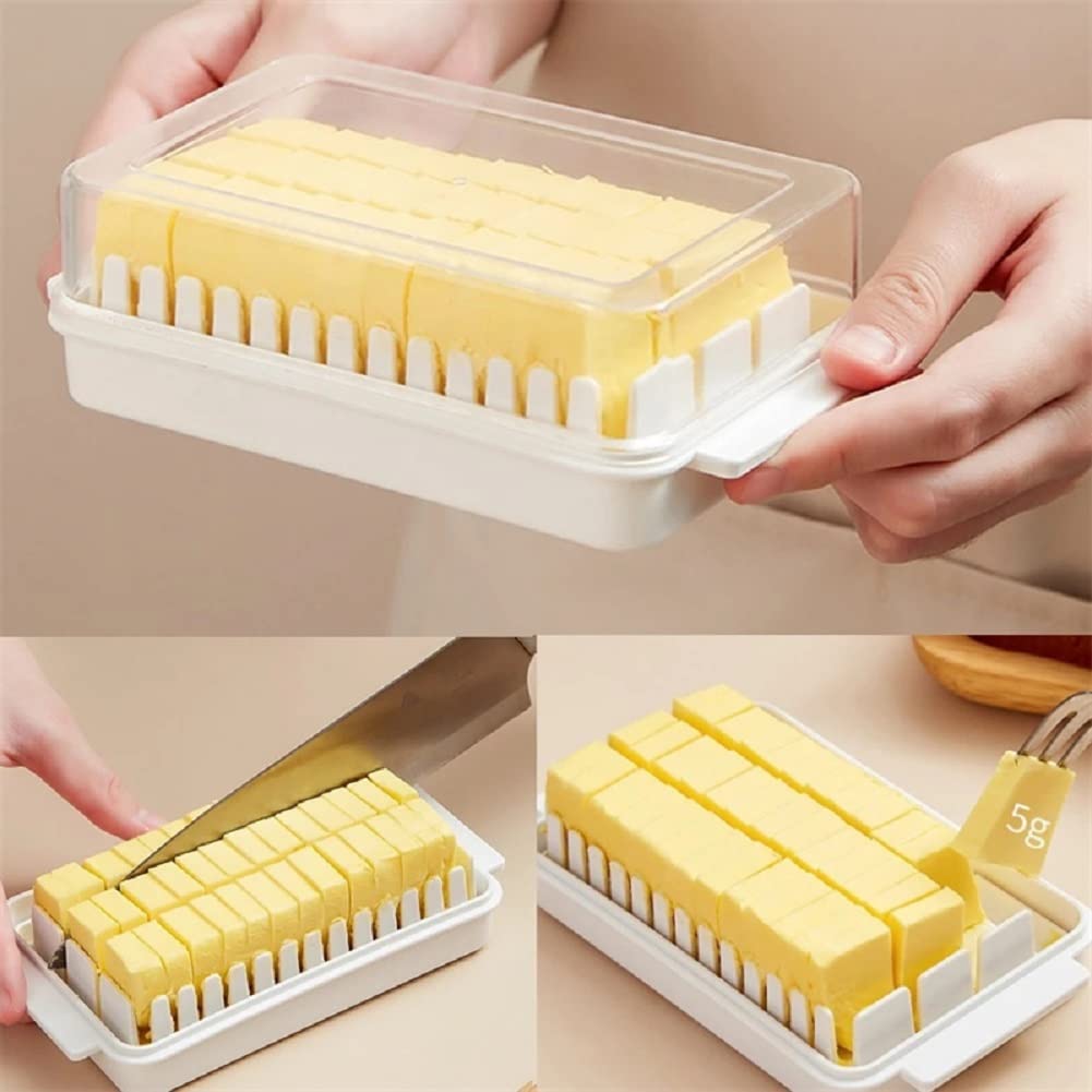 Quantitative Cutting Butter Dish, Plastic Butter Dish With Dividable Lid, Butter Airtight Preservation Container Box,Keeper Container for Freezer Countertop Butter Storage and Accurate Cutting (White)