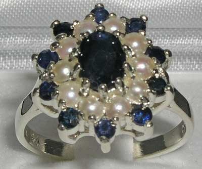 LetsBuyGold 925 Sterling Silver Real Genuine Sapphire and Cultured Pearl Womens Band Ring - Size 7