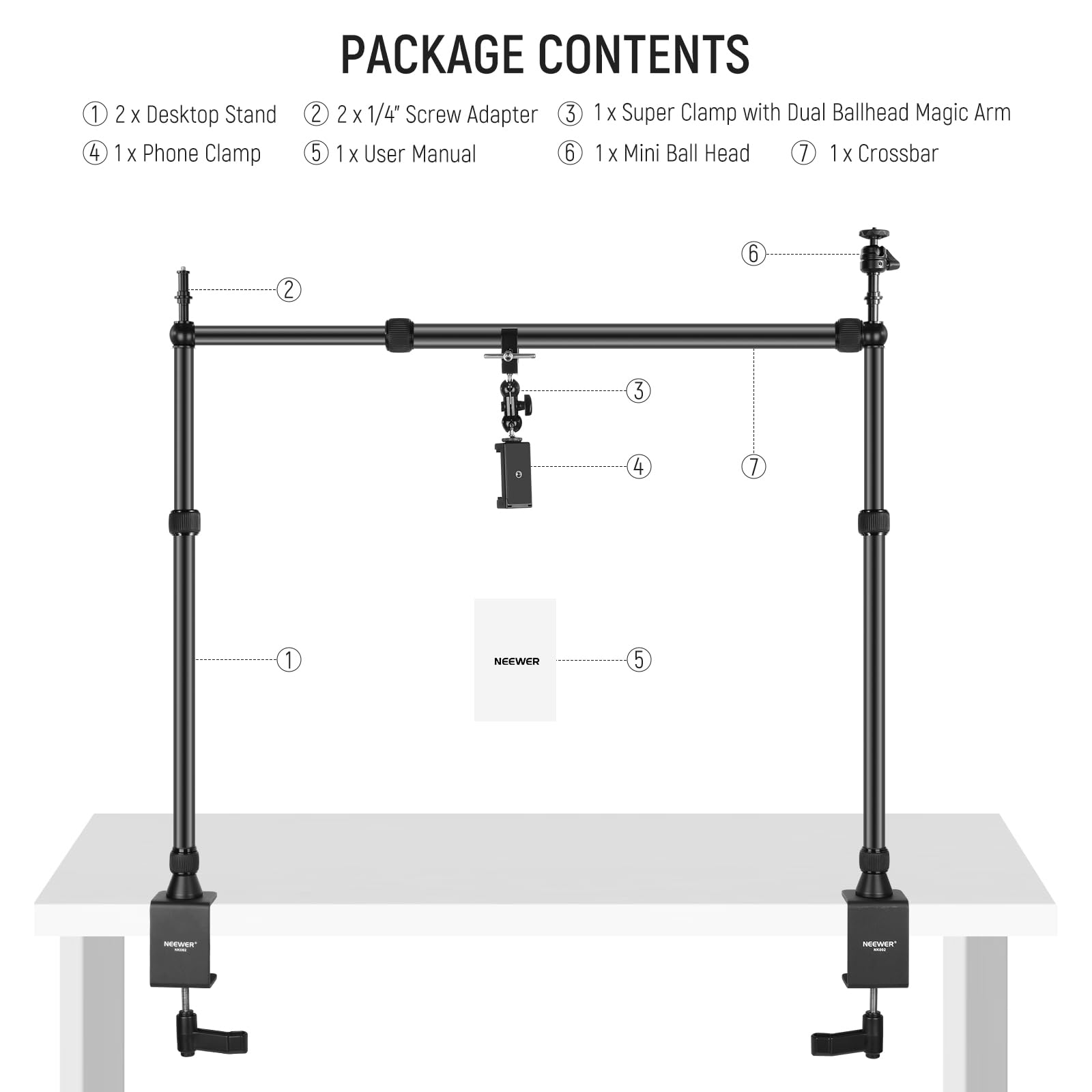 NEEWER Overhead Camera Mount Rig with Dual Ballhead Super Clamp/Phone Holder for Desktop Top Down Shots, Metal Multi Device Mount Platform for Photography Lighting, Max Load 26.5lb/12kg, NK002