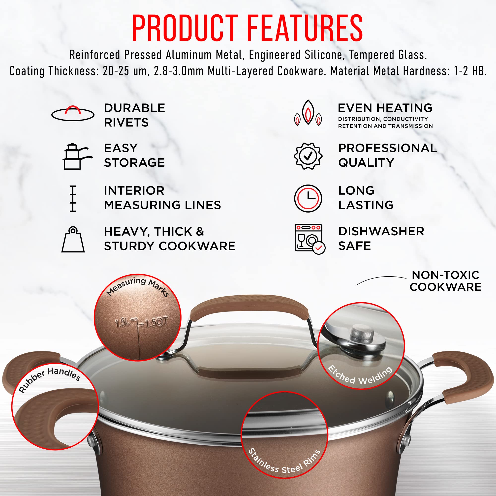 Pots and Pans Set – 14 Piece – Non-Stick Professional Home Kitchenware – Cooking Pots with Lids – Skillet Fry Pans – Suitable for Gas, Electric, Ceramic and Induction Counter Cooktops - Golden