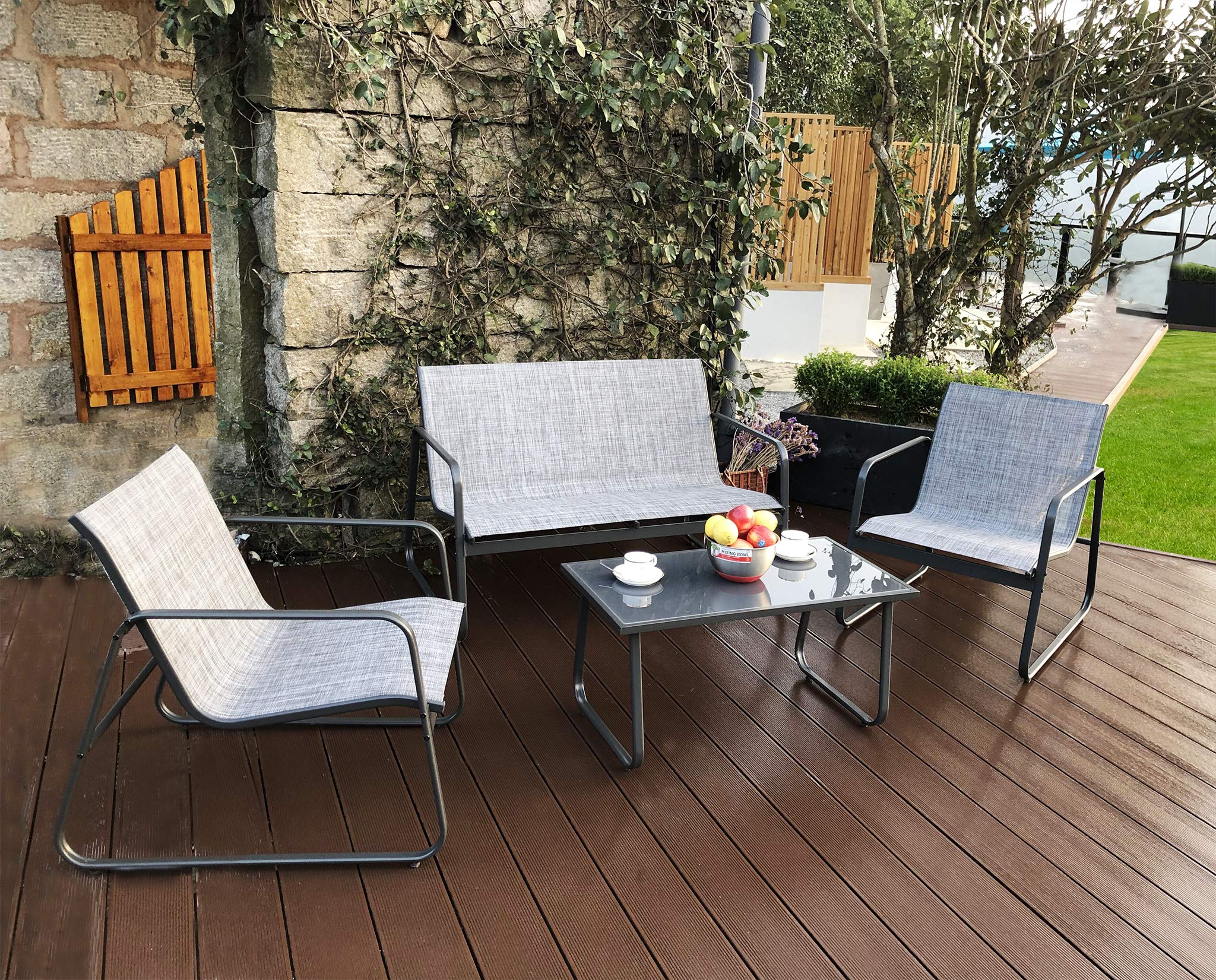 Kozyard Sofia 4 Pieces Outdoor Patio Furniture Conversation Set with Strong Powder Coated Metal Frame, One Love Seat, Two Single Chairs and One Table for Front Porch Balcony Backyad (Gray)
