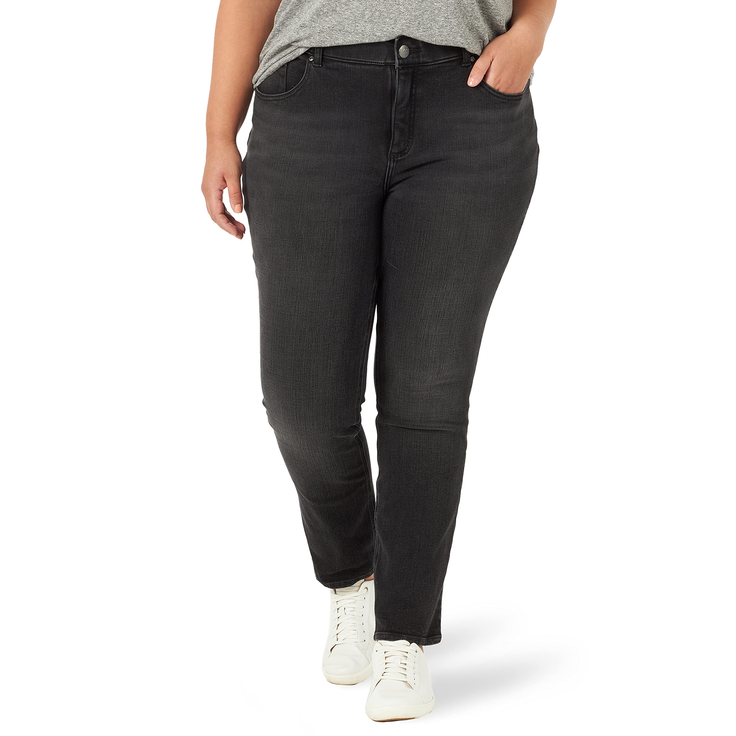 Lee Women's Size Ultra Lux Mid-Rise Slim Fit Straight Leg Jean, Black, 24 Plus