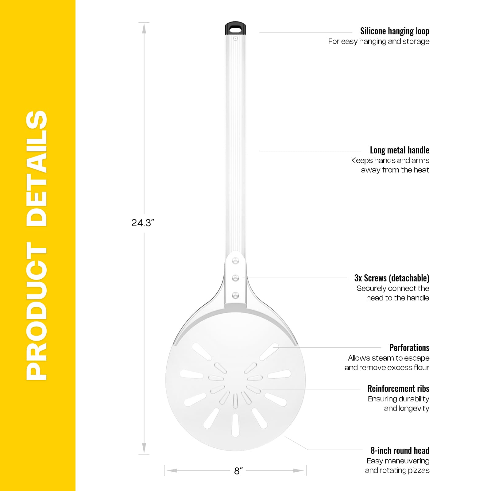 TUVOLLZ Pizza Turning Peel 8-inch, Hard-anodized Aluminum Pizza Turner Peel Long Handle, Lightweight Perforated Turning Pizza Peel Spinner, Pizza Oven Accessories