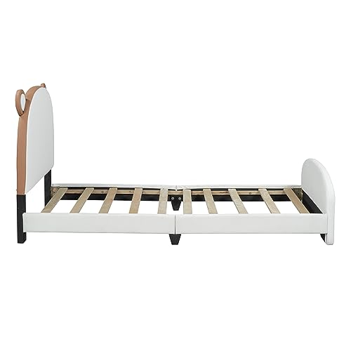 YSWH Twin Size Upholstered Bear Shaped Platform Bed, Wood Platform Bed Frame with Bear Ears Headboard and Pocket on The Footboard, Kids Bedroom Furniture Fun Cute Bear Bed Cartoon Bed (White)