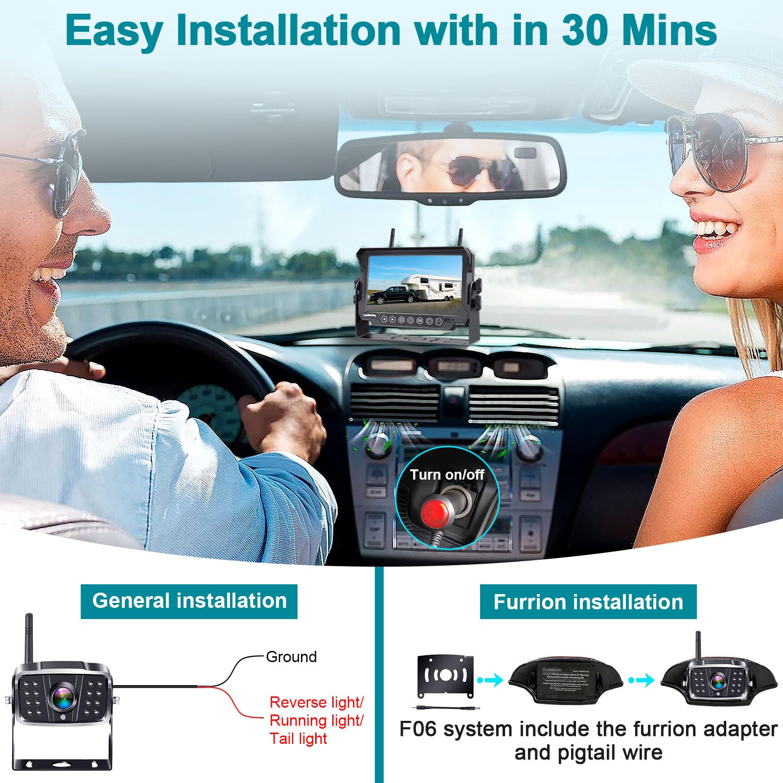 LeeKooLuu RV Backup Camera Wireless 7 Inch Monitor DVR Touch Key 2 Rear View Camera System Digital Signals for Trailers Motorhome 5th Wheels Pigtail Wire Adapter for Furrion Pre-Wired RVs F07