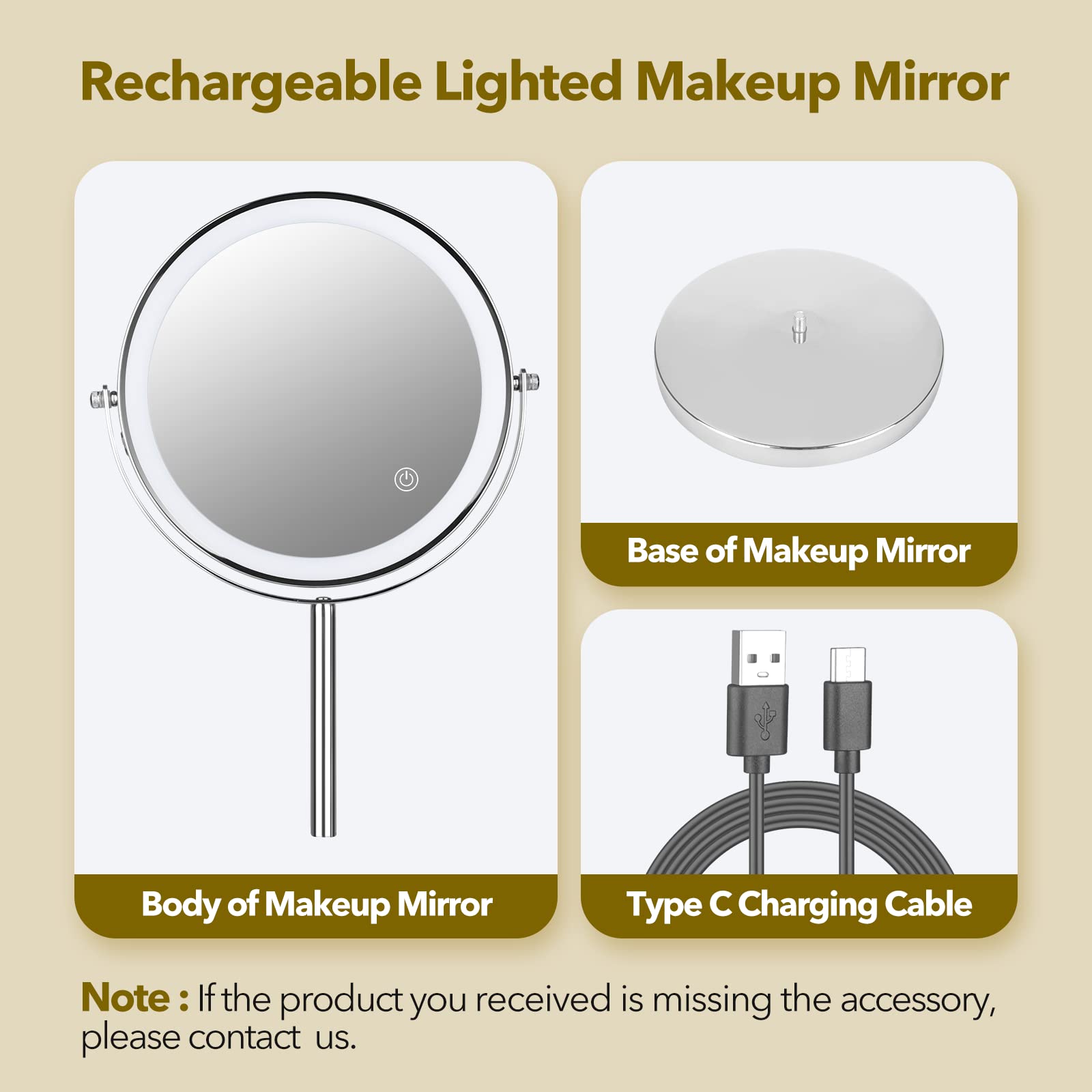 WEYEXECE Rechargeable 8 inch Lighted Makeup Mirror, 3 Colors 1X/10X Table Vanity Mirror with 360° Rotation Touch Screen, LED Dimmable Desk Lit Cosmetic Magnifying Mirror Chrome