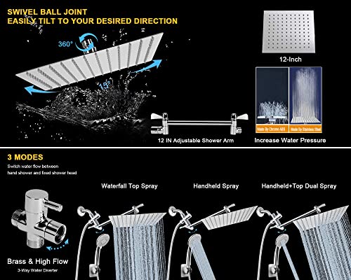 Shower Head Combo with 11'' Extension Arm,High Pressure Rain Shower Head with Handheld Shower Spray and Holder/ 1.5M Hose,Dual Rainfall Showerhead Set,Chrome (12 Inch)