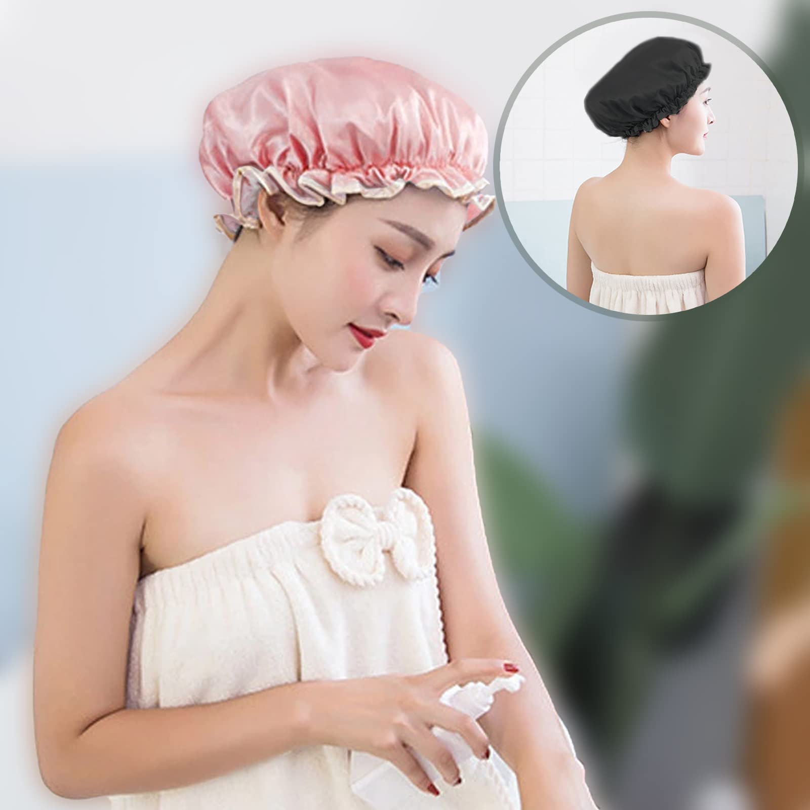 YAWALL Shower Cap 2Pcs, Shower Caps for Women Reusable Waterproof, Silk Double Layer Hair Cap, Pink & Black