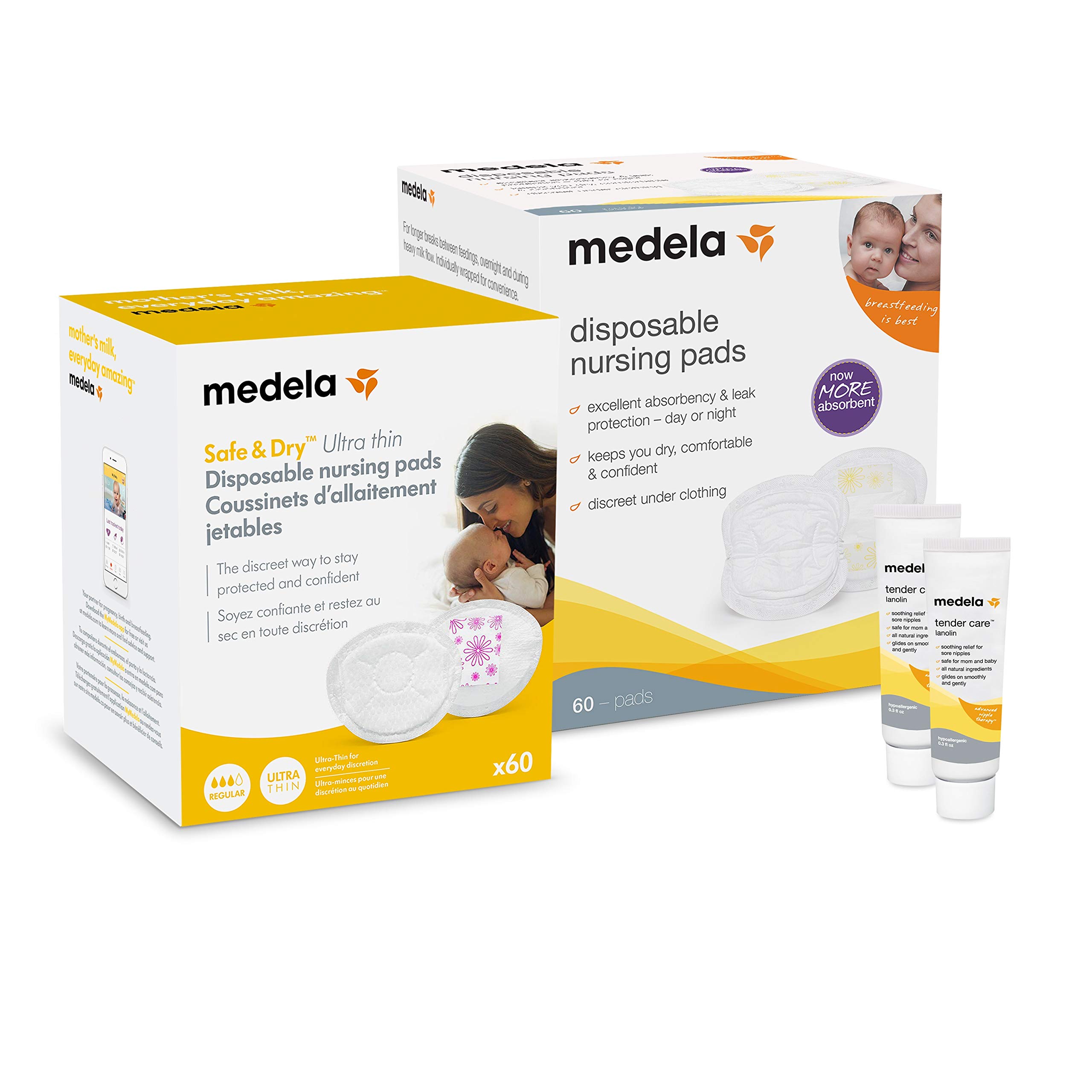 Medela Breast Care Set for Breastfeeding & Breast Pumping Moms, 4Piece Set, Ultra Thin Disposable Nursing Pads 60 Ct, Super Absorbency Pads 60 Ct, (2) Tender Care Lanolin 0.3 Oz Tubes