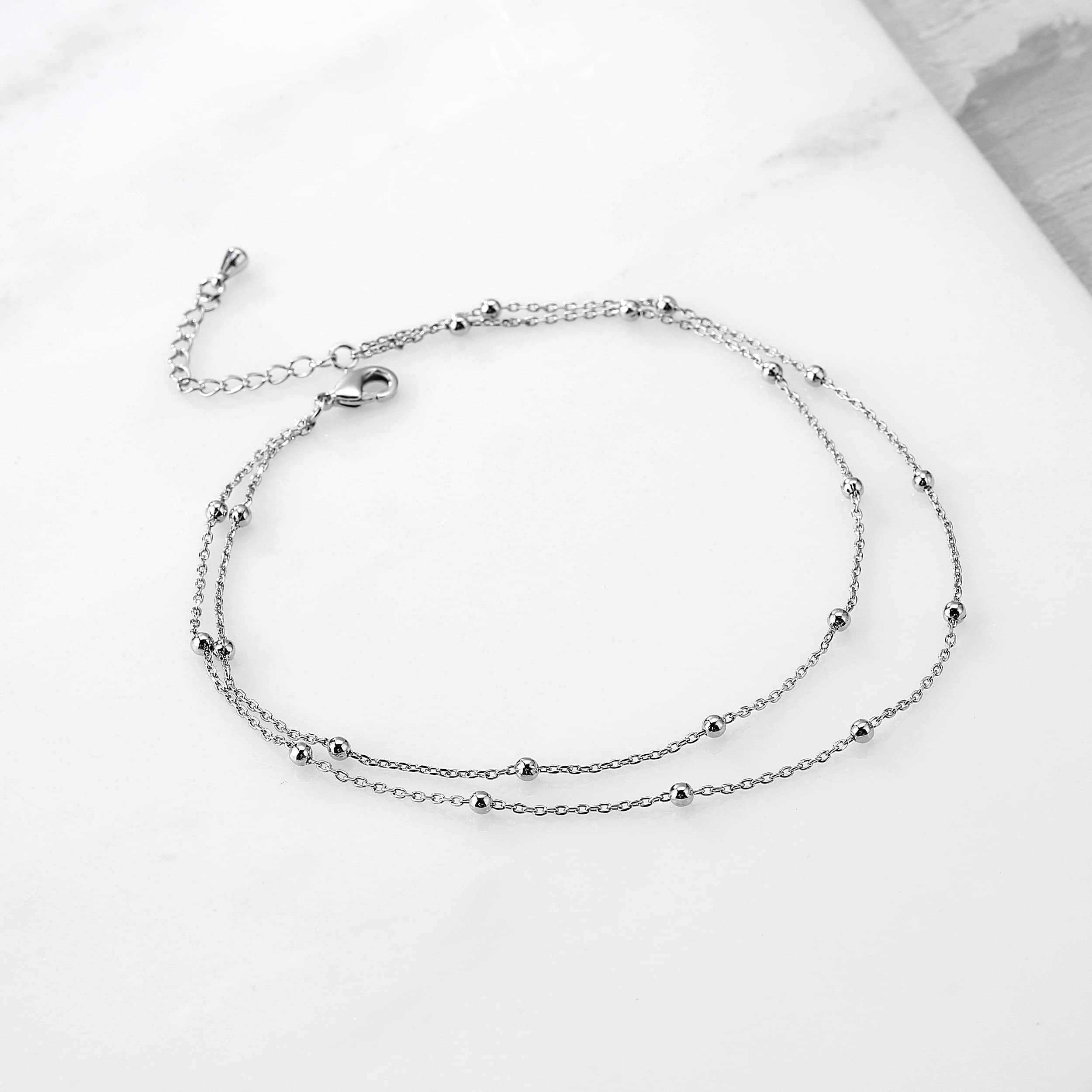 Pencros Dainty Layered Anklet,14K Gold Filled Cute Beads Satellite Chain Heart Boho Adjustable Anklets for Women Teen Girls (bead-silver)