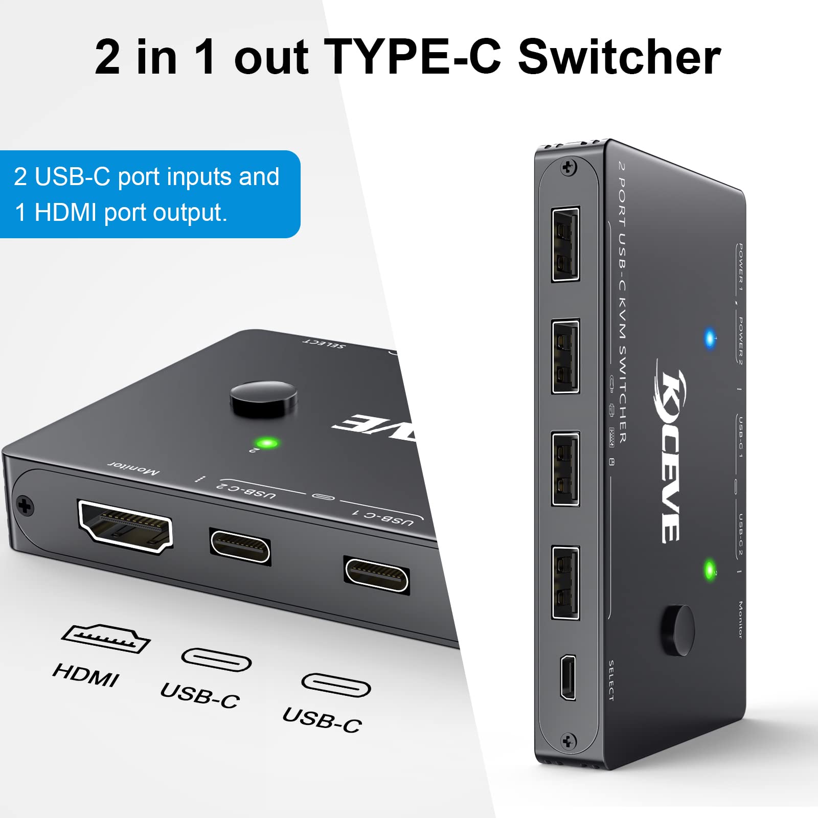 USB Type-C KVM Switch 4K@60Hz, 2 Computers Share 1 Monitor and 4 USB Devices, Compatible with Thunderbolt 3, with 87 W Power Delivery Option, Support HDMI+USB+Type-C 3.1 Input