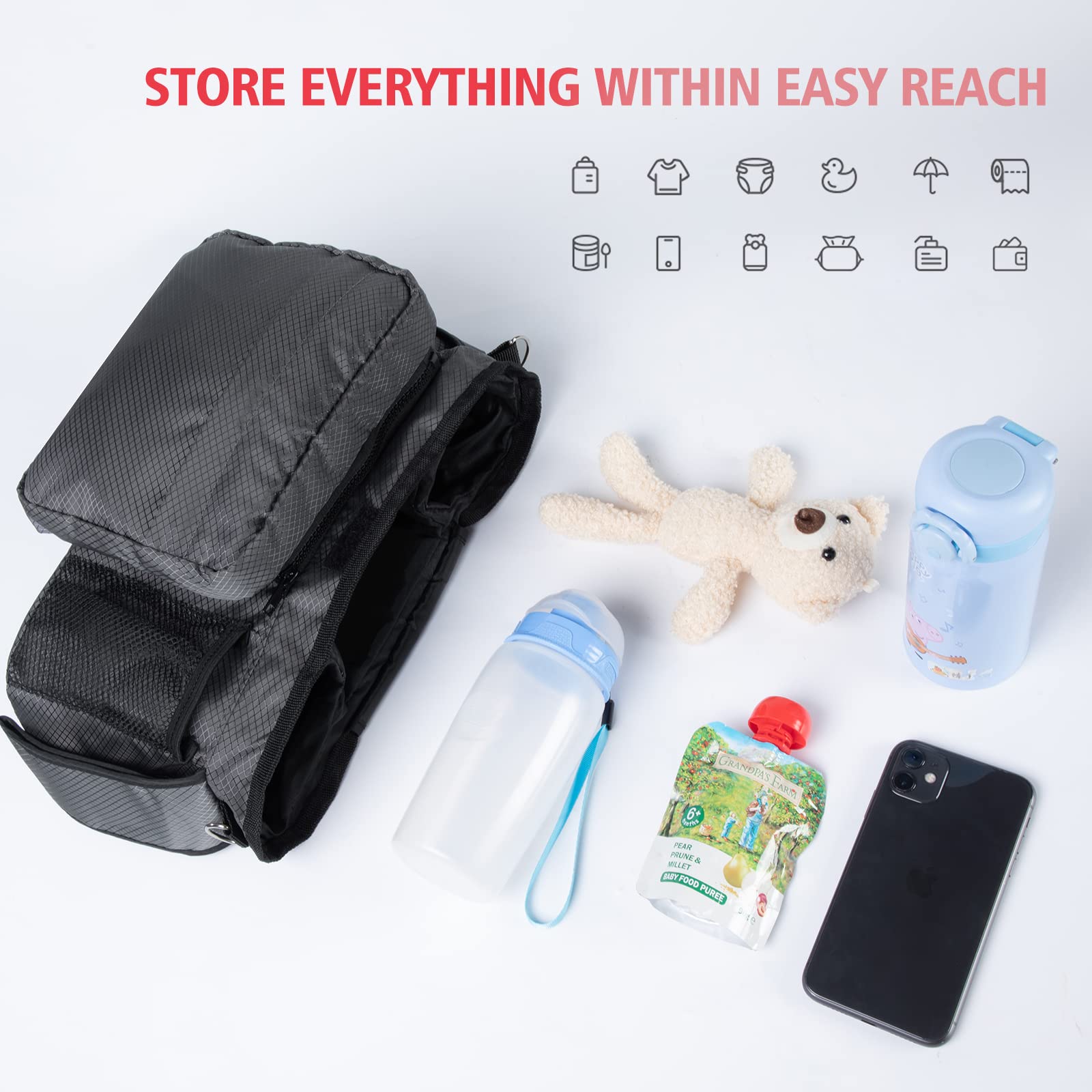 Tydast Universal Baby Stroller Organizer with Cup Holder, Detachable Zipper Pocket, Adjustable Shoulder Strap, Large Capacity for Baby Essentials, Compact Design with Non-Slip Strap Fits Any Strollers