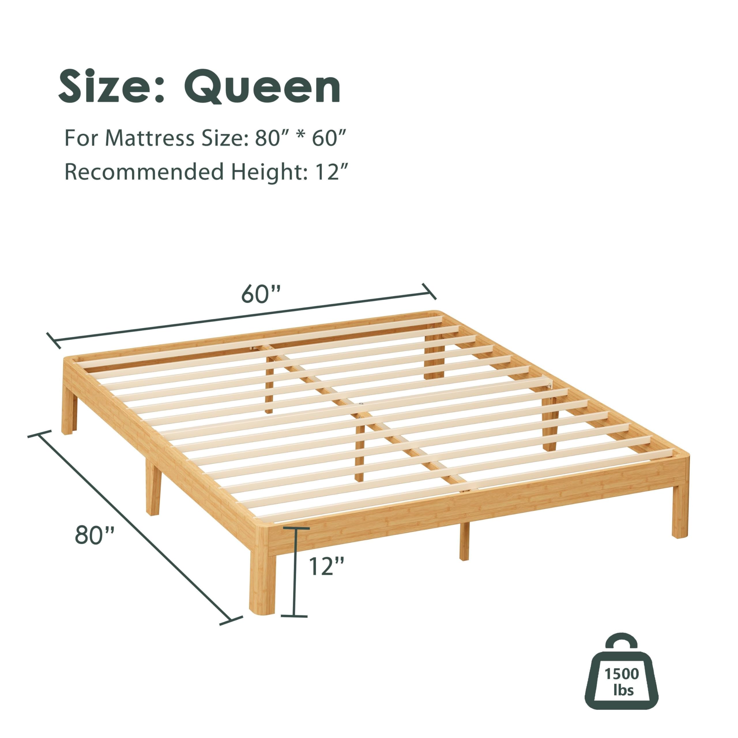 ZIYOO Queen Bed Frame 12 Inch Solid Wood Platform Bed with Metal Slats, Natural Bamboo,No Box Spring Needed, Easy Assembly, Heavy Duty Bed Frame,Free of Noise