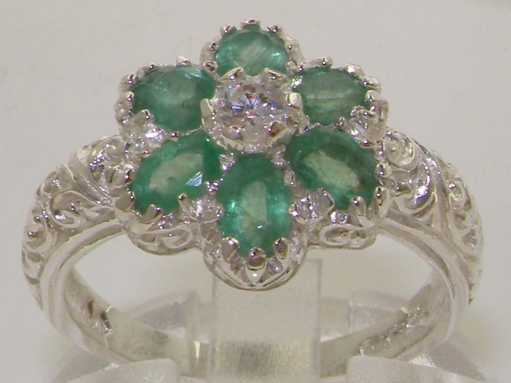 LetsBuyGold 925 Sterling Silver Real Genuine Emerald & Diamond Womens Cluster Ring - Size 11 (0.09 cttw, H-I Color, I2-I3 Clarity)