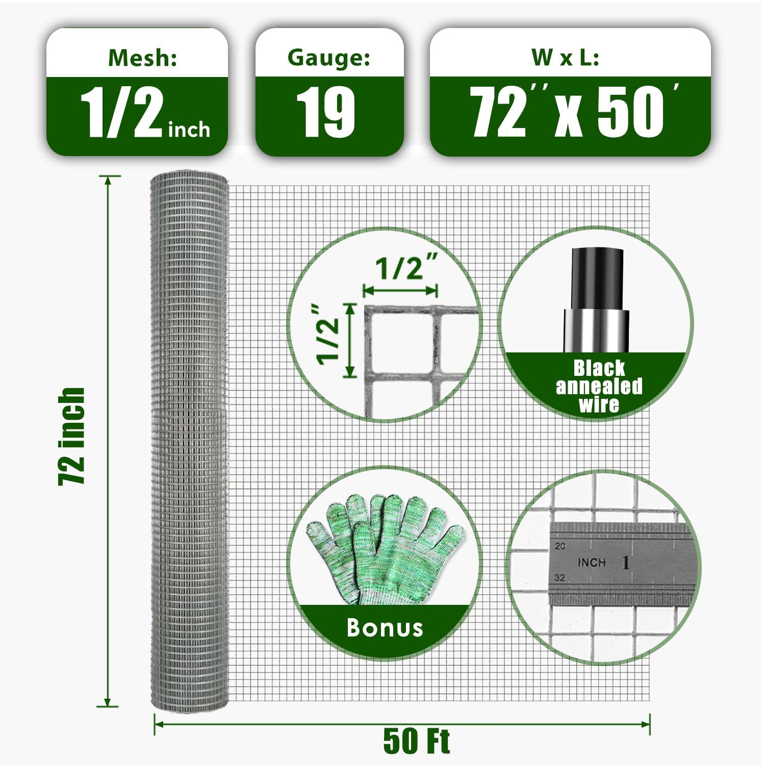 Nueve Deer Hardware Cloth 6 foot x 50 foot 1/2 inch Mesh 19 Gauge, Hot Dip Galvanized After Welding, Welded Wire Mesh Roll Chicken Wire Fencing Cage Wire Rodent Wire