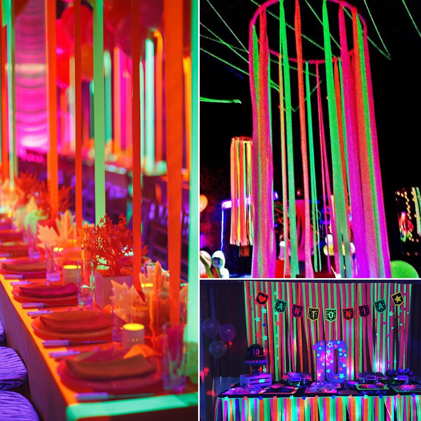 Neon Streamers Glow in The Dark Crepe Paper, Blacklight UV Reactive Fluorescent Streamers for Neon Party