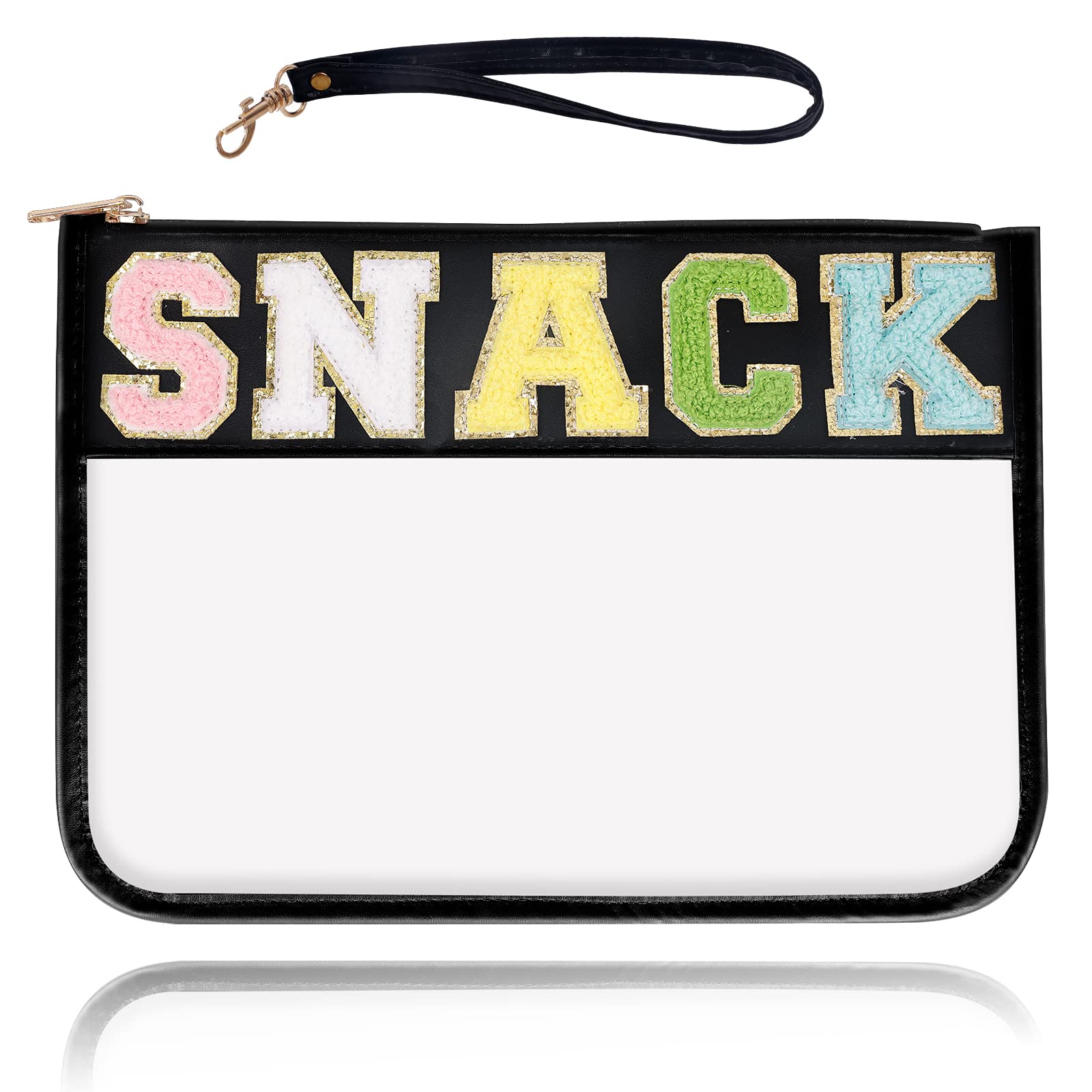 Snacks Bag, Clear PVC Bag for Multi-purpose Use, Waterproof and Dust-proof Monogram Portable Glitter Flat Pouch with Zipper and Wrist Strap for Women (Letter Snack)