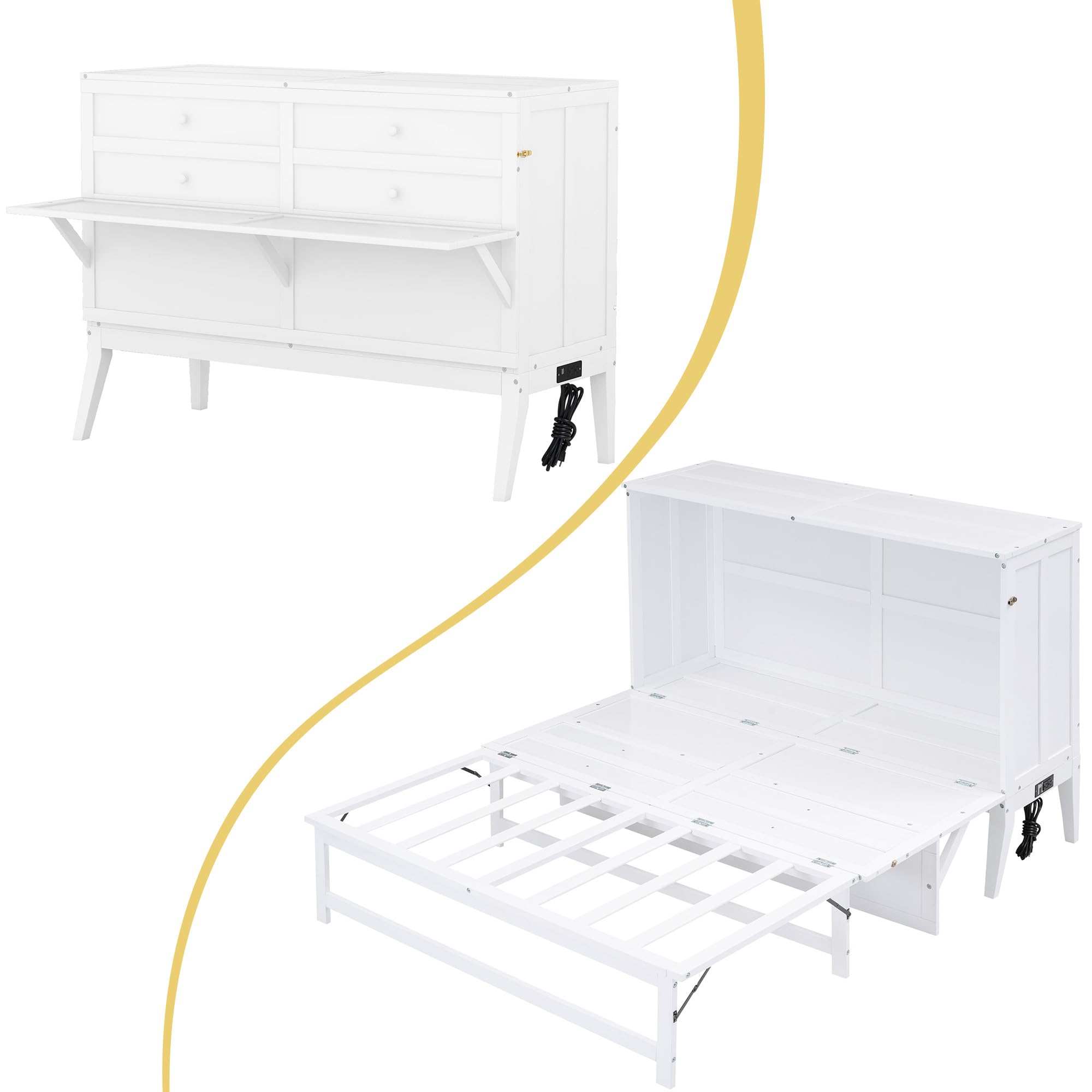 LETSHOME Queen Size Murphy Bed Frame with Built-in Charging Station and a Shelf for Bedroom and Guestroom,Office,White