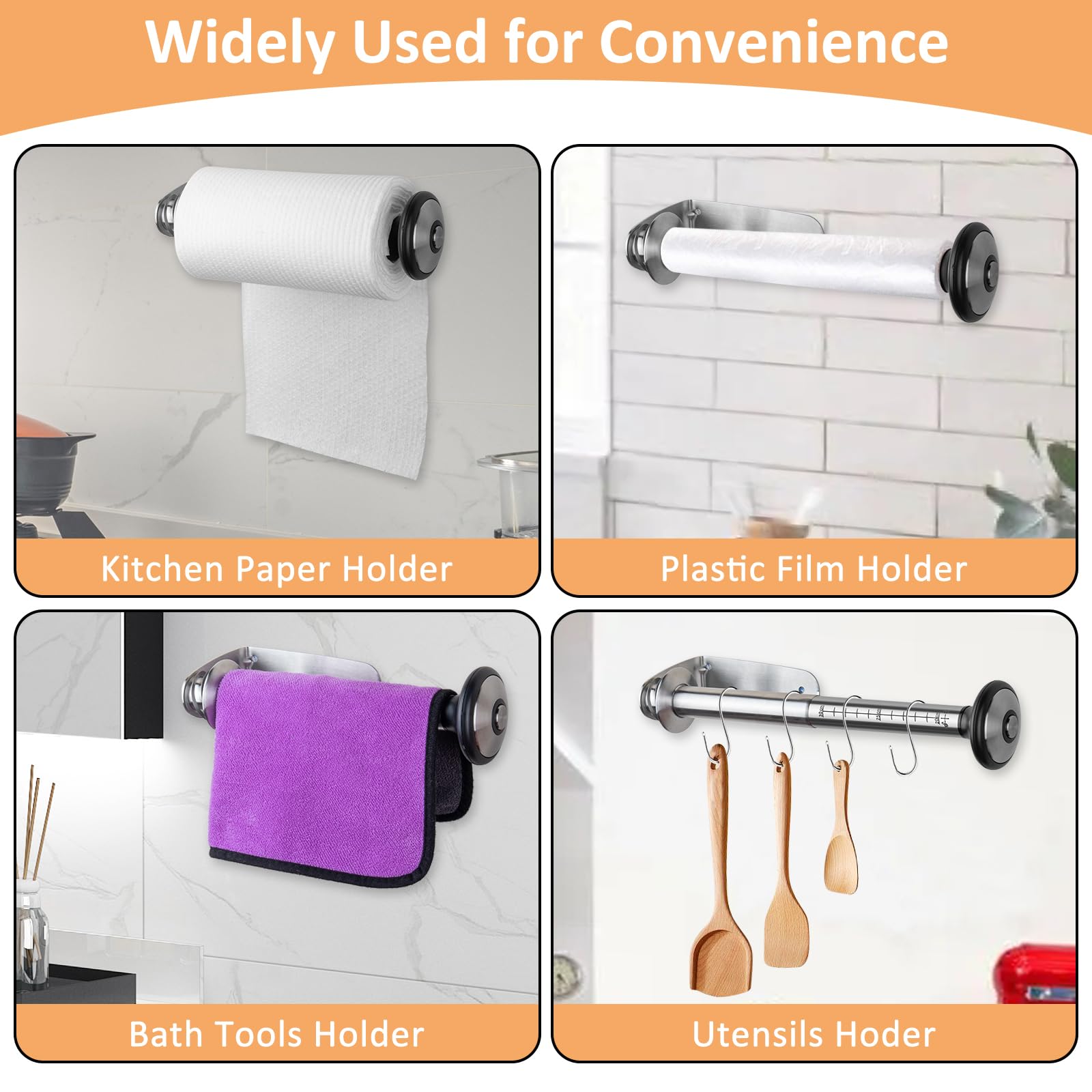 Paper Towel Holders for Kitchen - Adjustable Length Paper Towels Holder Under Cabinet,Self-Adhesive or Drill Mounting, Stainless Steel Wall Mount Towel Holder for Pantry,Sink, Bathroom (Silver)