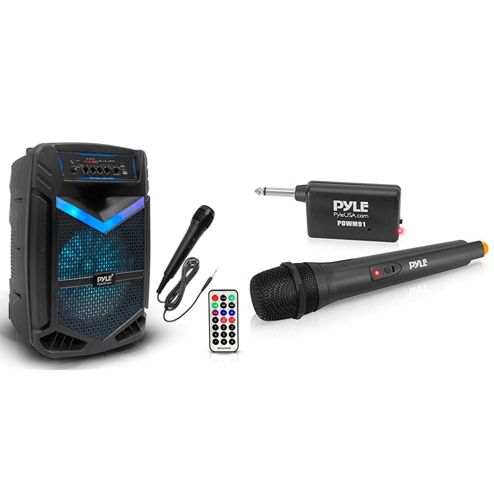 Pyle 800W Portable Bluetooth PA Speaker System with Built-in Rechargeable Battery + Pyle VHF Narrow Band Wireless Microphone System
