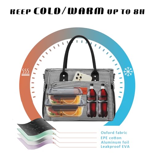 Lunch Bag for Women, Insulated Lunch Box for Work, Large Leakproof Cooler Purse with Side Pockets & Removable Shoulder Strap Women's Lunch Tote Bag for Picnic Work Beach(Stripe)