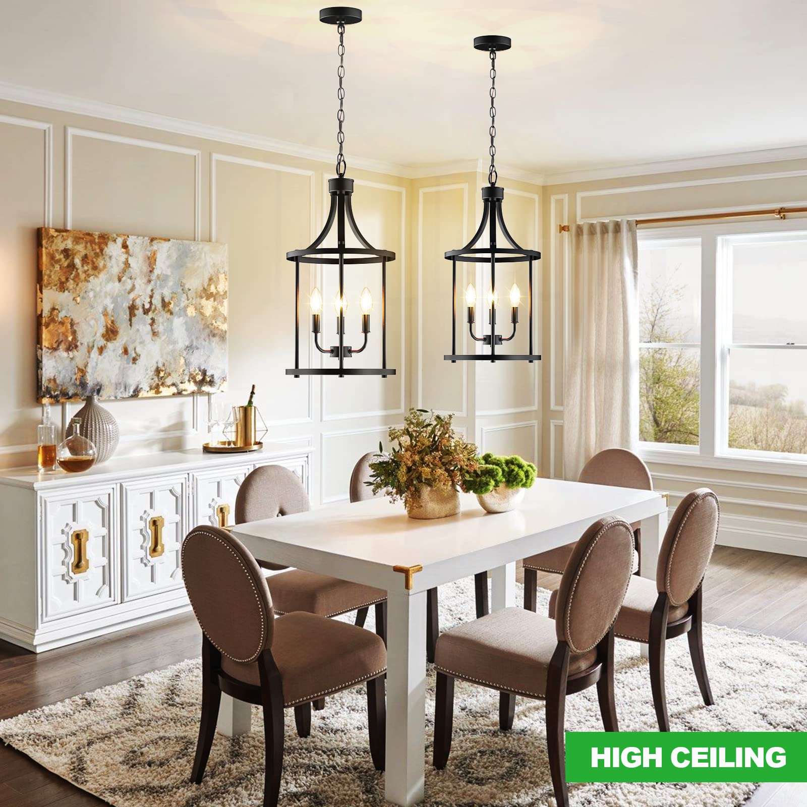 PARTPHONER Farmhouse Chandelier, Dining Room Lighting Fixtures Hanging, Modern Light Fixture Black Lantern Cage,5-Light Pendant Lighting for Kitchen Island, with Adjustable Rods