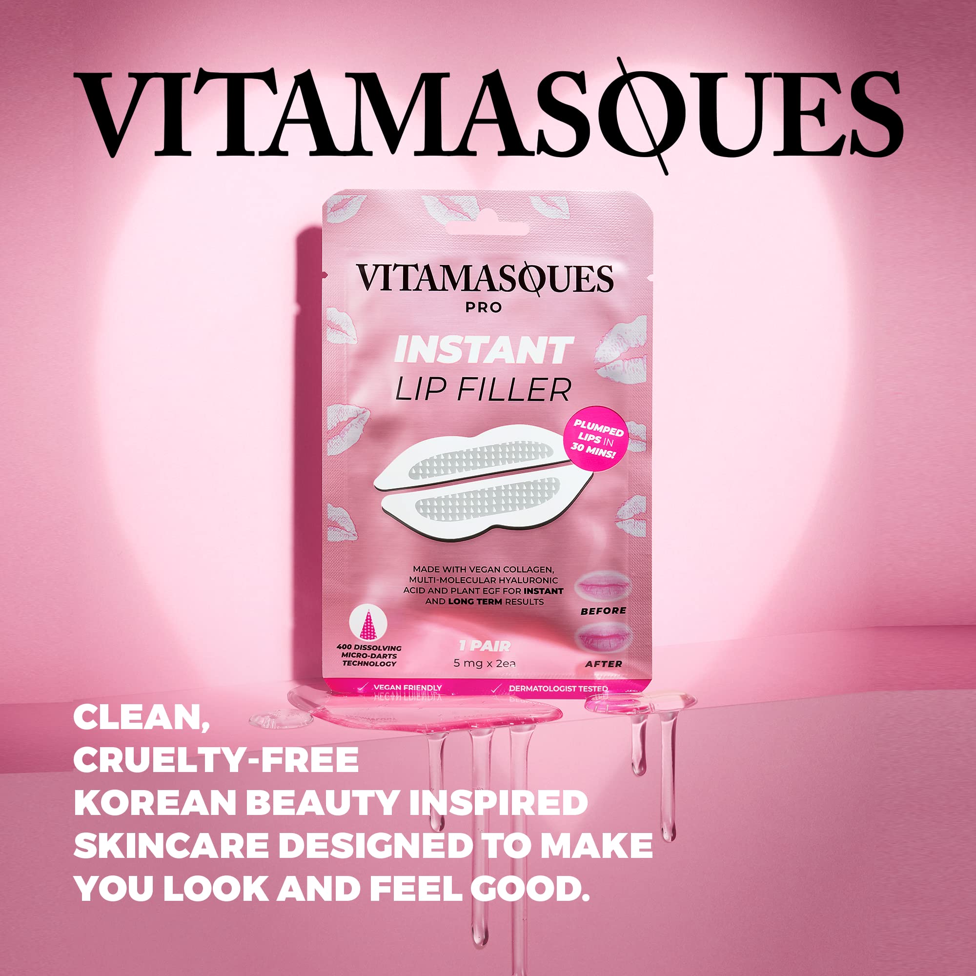 Vitamasques Instant Lip Filler for Plumped Lips in 30 Mins Vegan Collagen, Multi-Molecular Hyaluronic Acid & 400 Dissolving Micro-Dart Technology for Instant & Long-Lasting Results