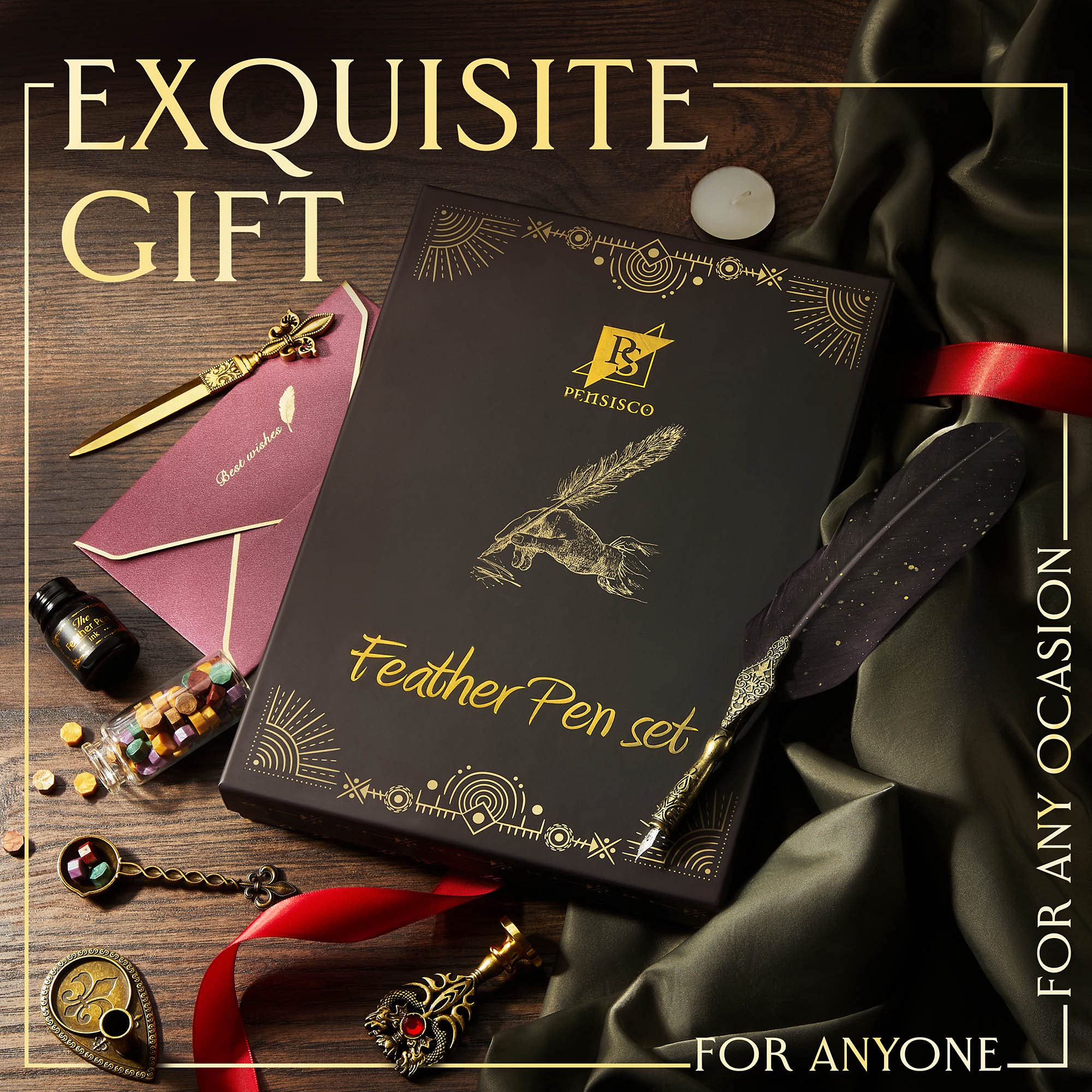 PENSISCO Quill Pen and Ink Set - Feather Pen Kit With Fine Ink Pen,18-in-One Vintage, Complete Calligraphy Set for Beginners & Enthusiasts, Includes Practice Sheets That Will Make You a Pro (Red)