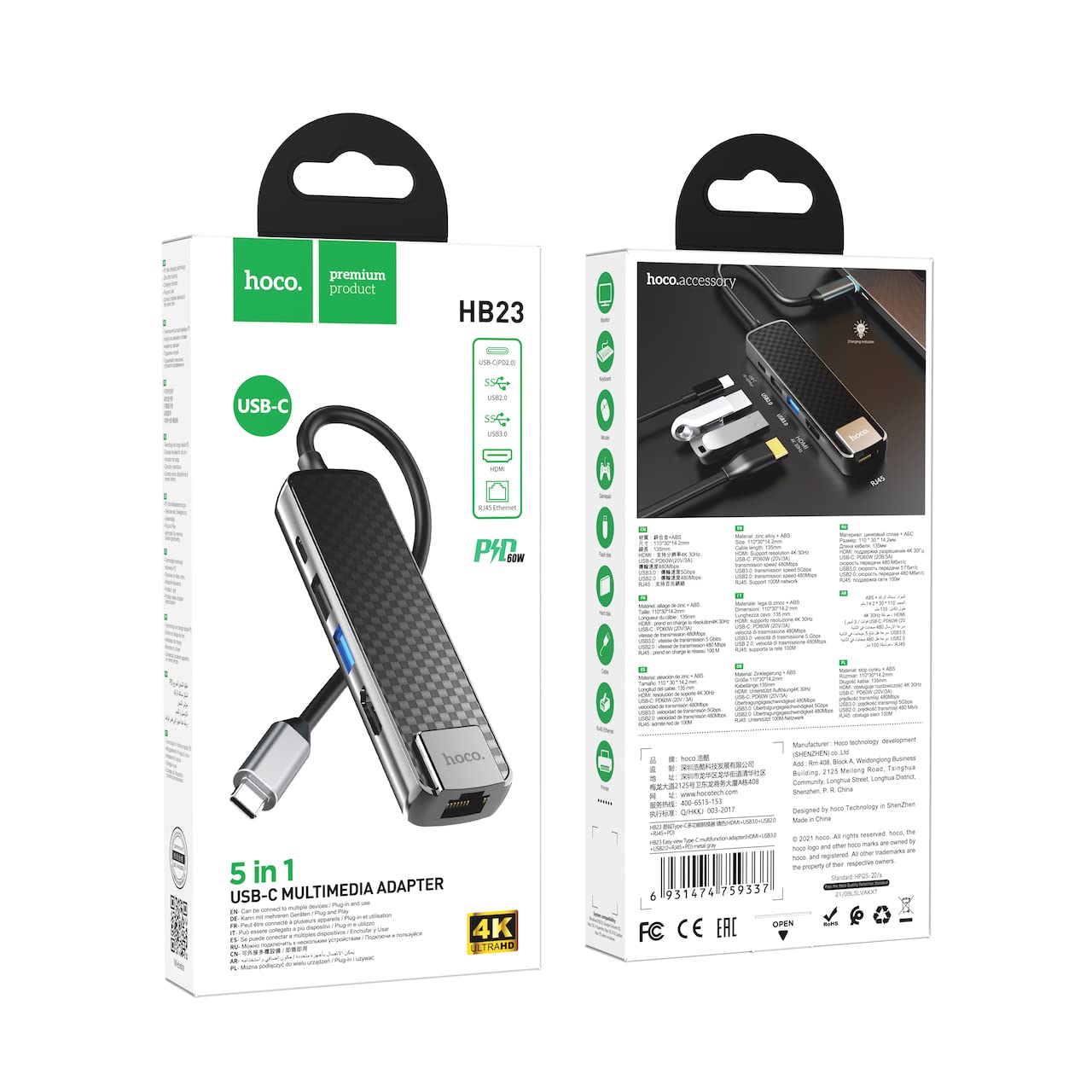 Type-C hub “HB23 Easy View” Multimedia Adapter HDMI + USB3.0 + USB2.0 + RJ45 + PD