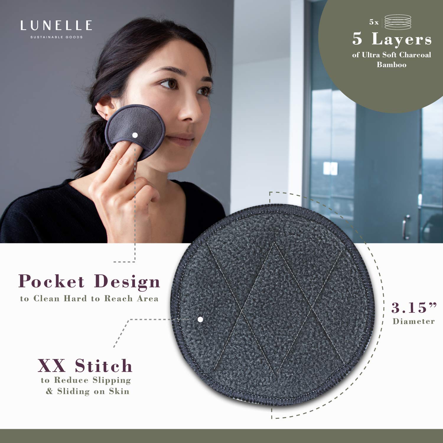 Lunelle Charcoal Bamboo Reusable Makeup Remover Pads 12 Pack - Reusable Face Pads with Laundry Bag + Charcoal Konjac Sponge Bamboo Makeup Remover Pads - Sustainable Reusable Cotton Pads Face Gift Set