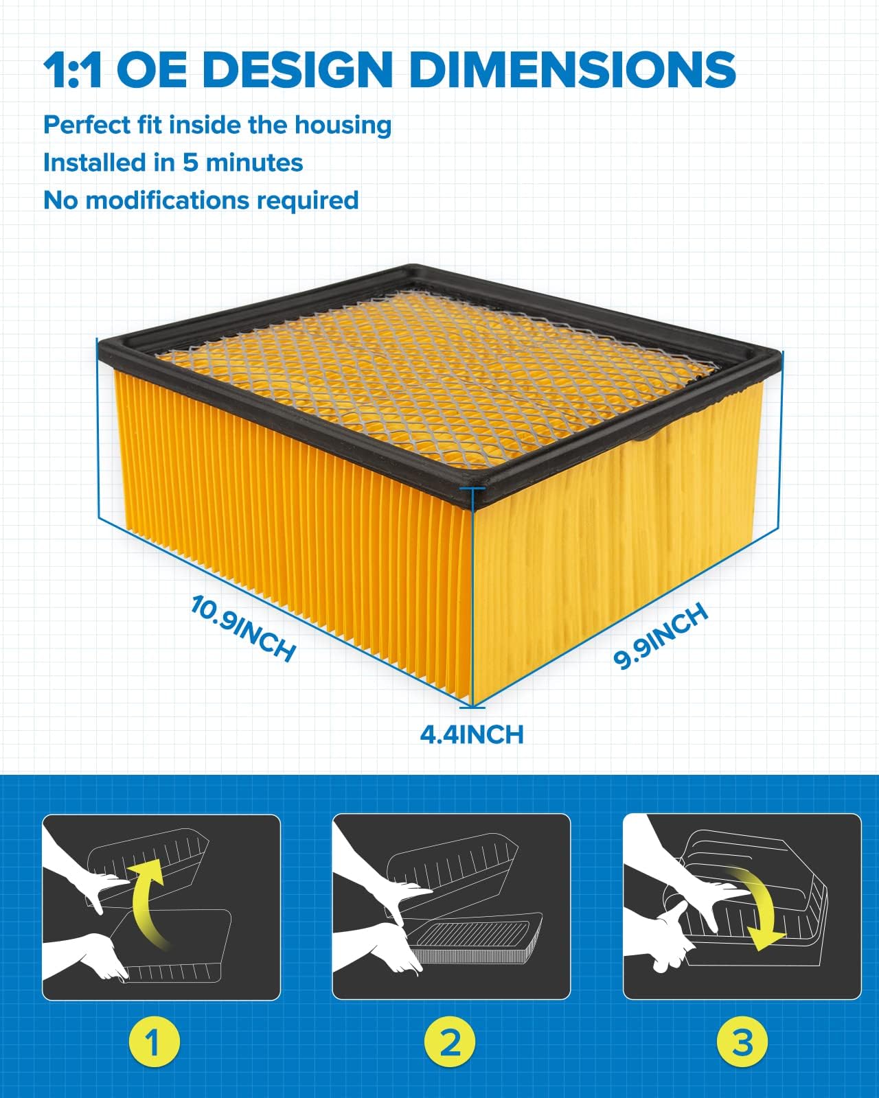 PHILTOP Engine Air Filter CA10261 Fits for Dodge and Ram Vehicles - 6.7L Diesel V8 Trucks - 2007-2023 - Ram 2500, 3500, 4500, 5500, Flexible Panel