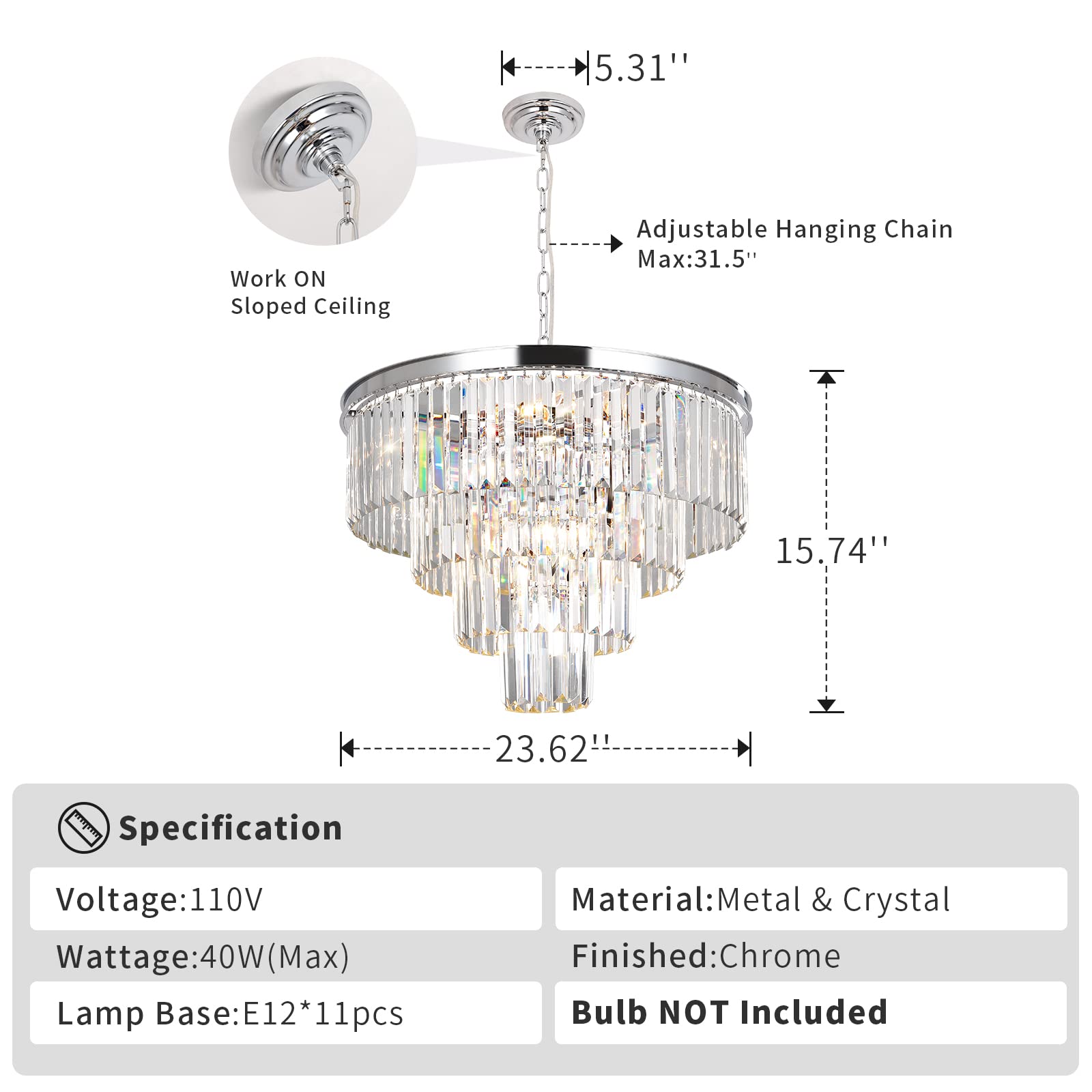 MarkDee Modern Chandeliers Crystal with Light, 11 Lights Chrome Crystal Chanderlier Lighting, 4-Tier Pendant Lights for Dining Room Living Room (23.62inch)…