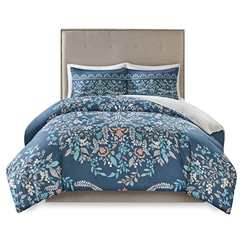 Madison Park Eden 3 Piece Cotton Printed Reversible Duvet Cover Set, Full/Queen(90"x90"), Navy