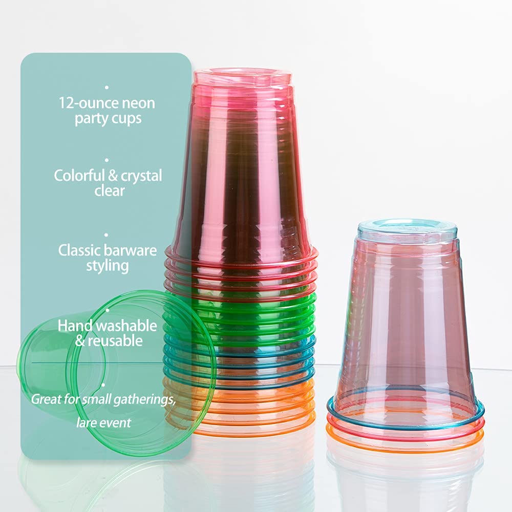 PartyMars 12 Oz 20pcs Disposable Multicolor Neon Glowing Plastic Cups Party Drinking Cups For Wedding Birthday Halloween Christmas Night Party